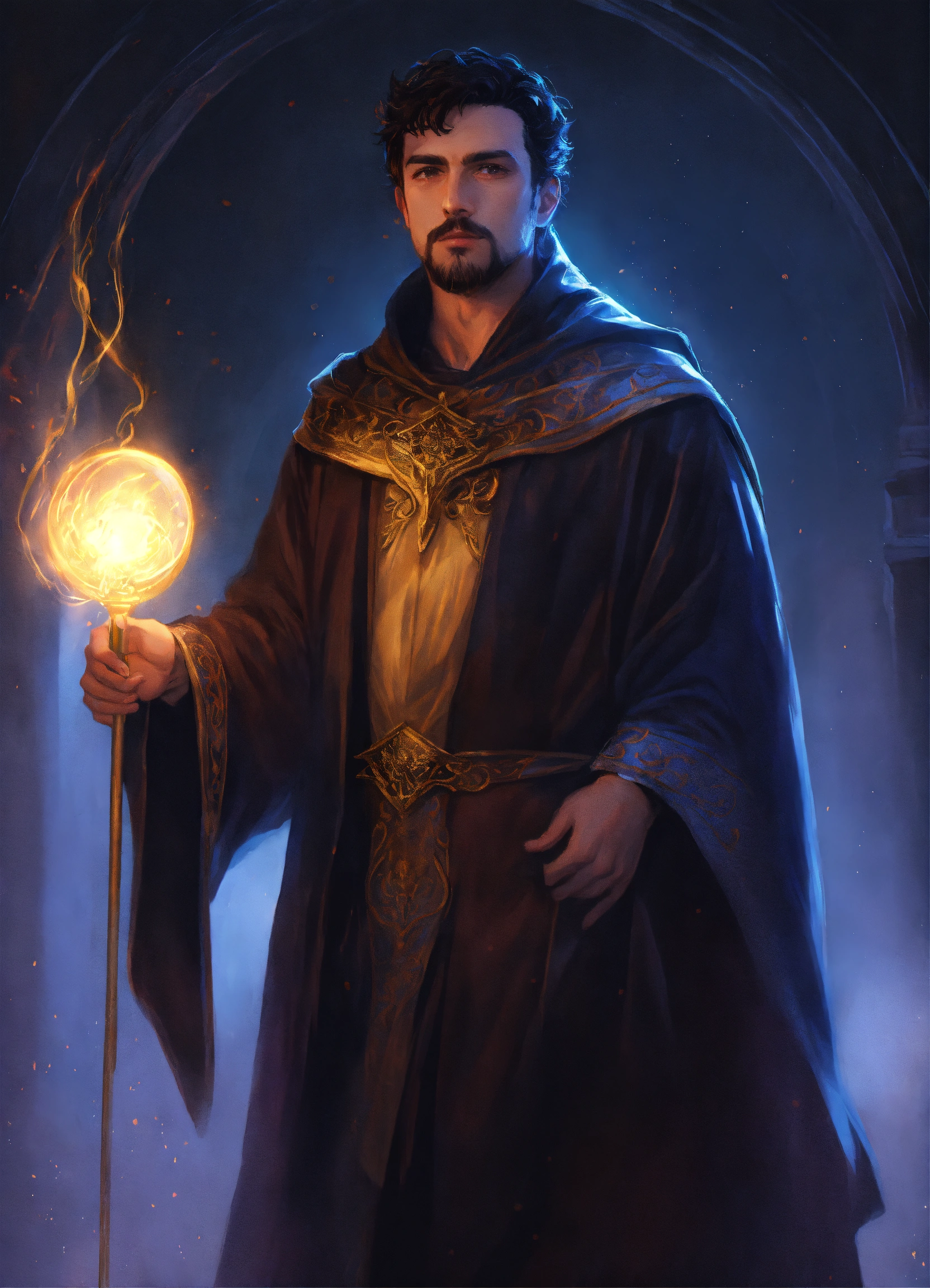 Lexica - Dark short hair, french goatee, wizard robes white light ...