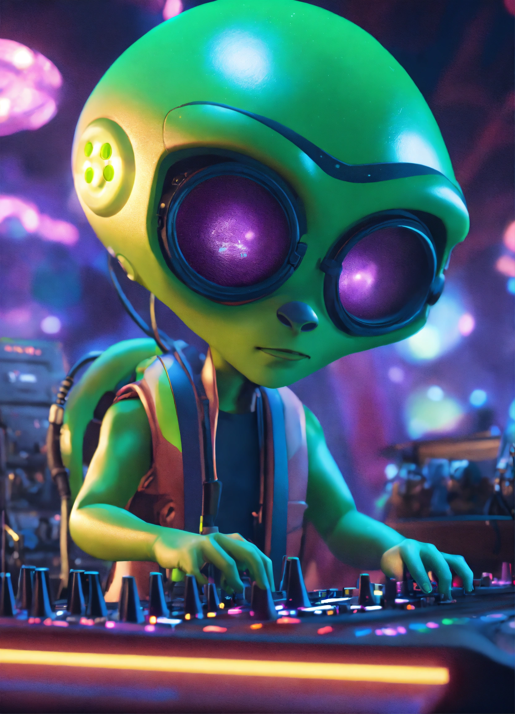 Lexica - Zoom out cute alien cartoon character turning knobs on a alien ...