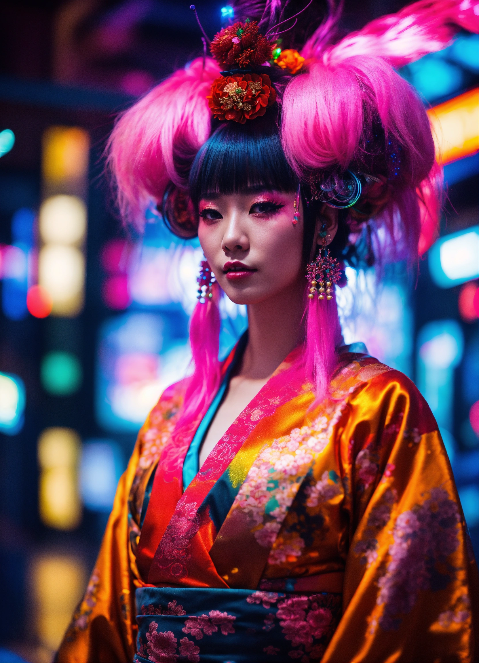 Lexica - "cyberpunk oiran", huge hair, magic, glitter, neon lights,