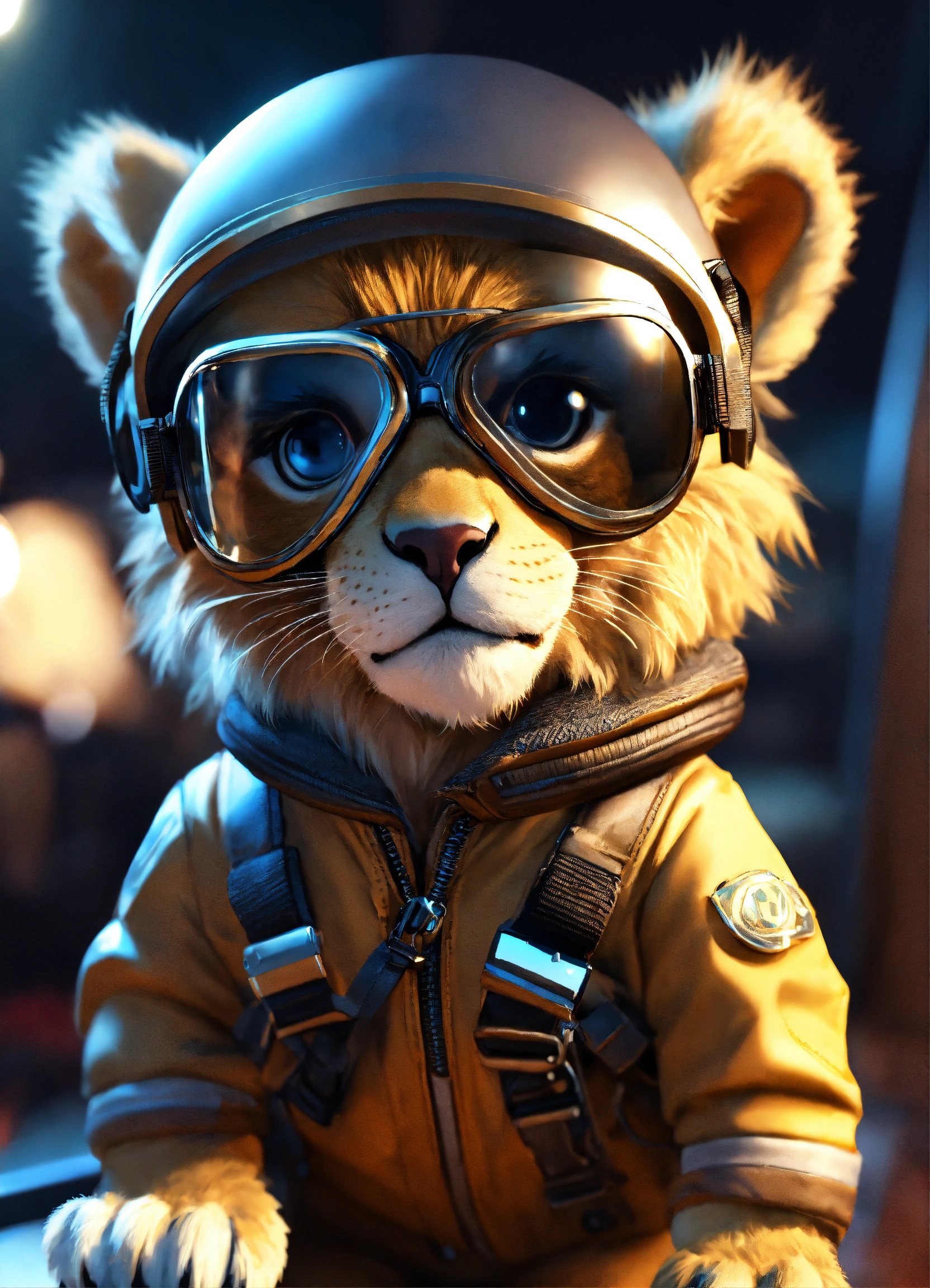 Lexica - A cute baby lion pilot wearing aviator goggles, unreal engine ...