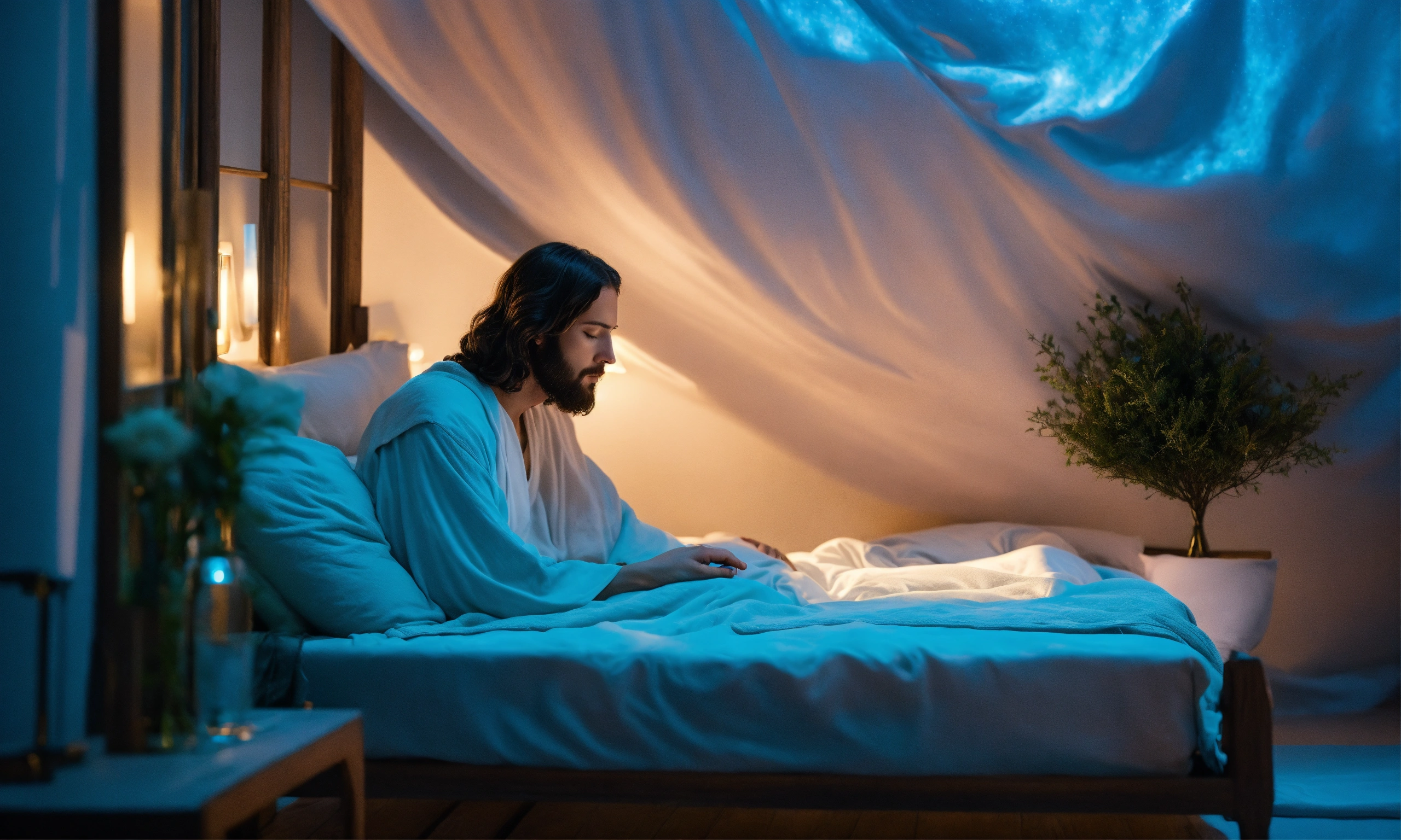 Lexica - Jesus christ watching a woman sleeping on the bed, blue light ...