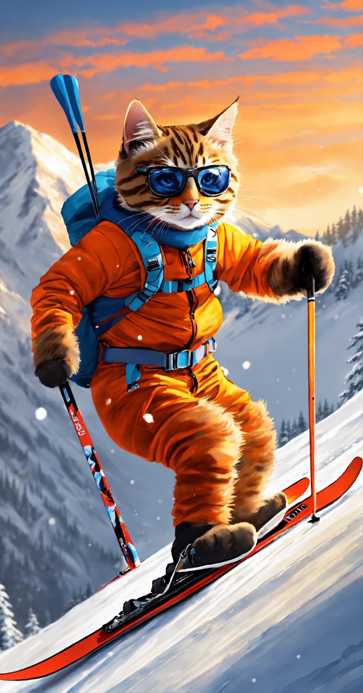 Lexica - Create a picture of a cat as an extreme skier, conquering ...