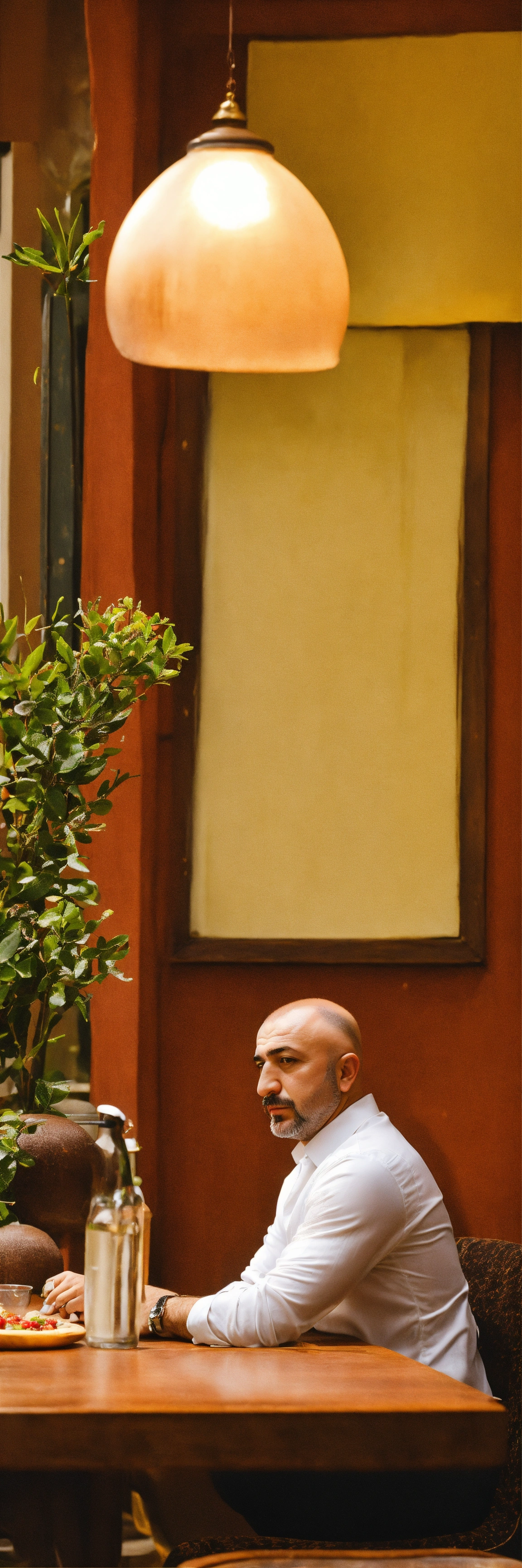 Lexica - Turkish bald guy white shirt sitting on table shaved