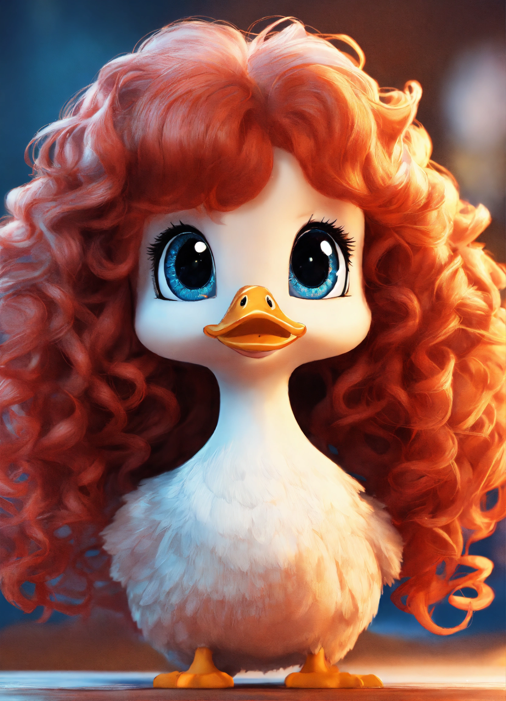 Lexica - A cute duckly with big blue eyes and long long red curly hair ...