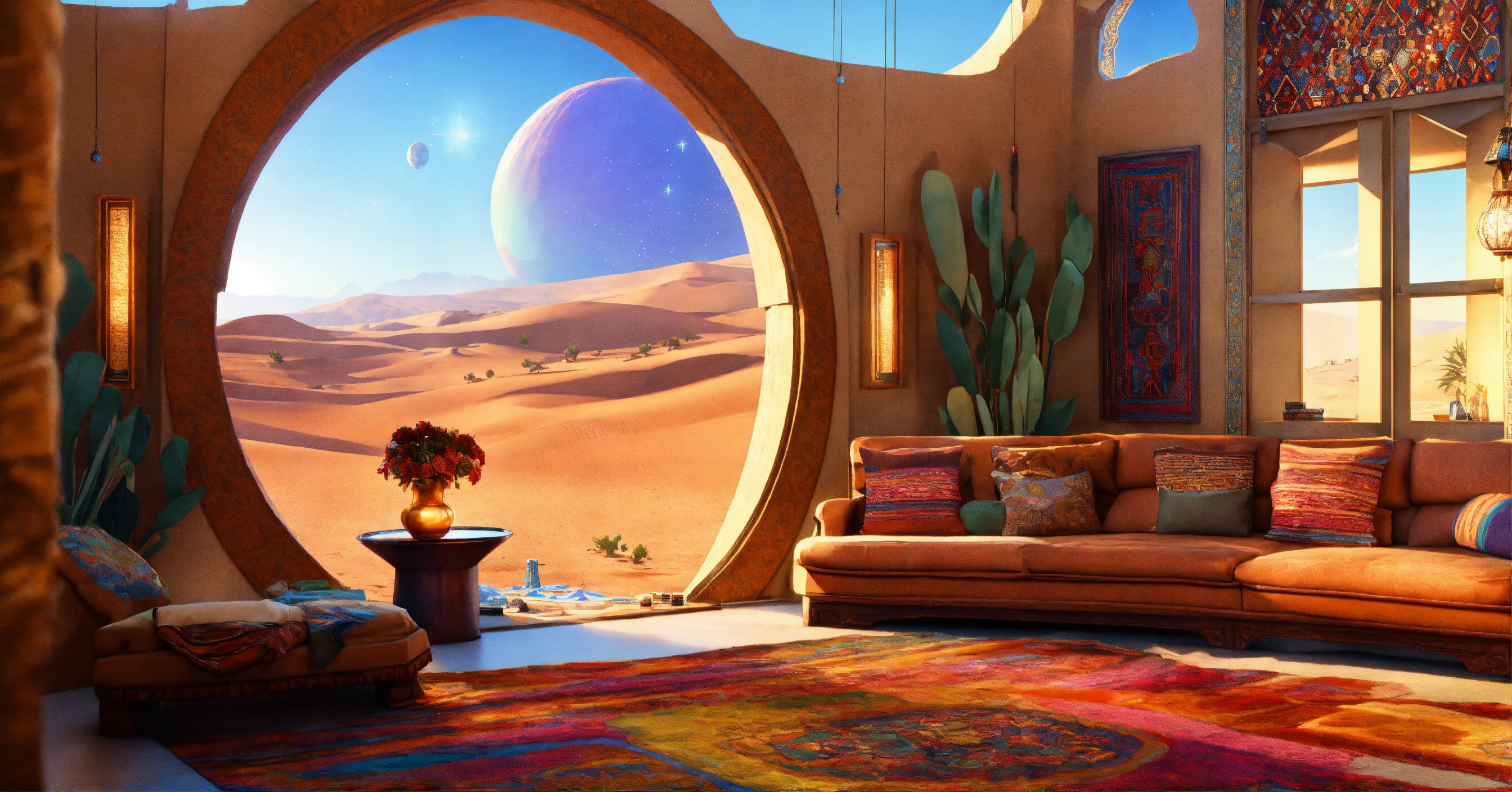 Lexica - Concept art of a large desert home living room, jakku, desert ...