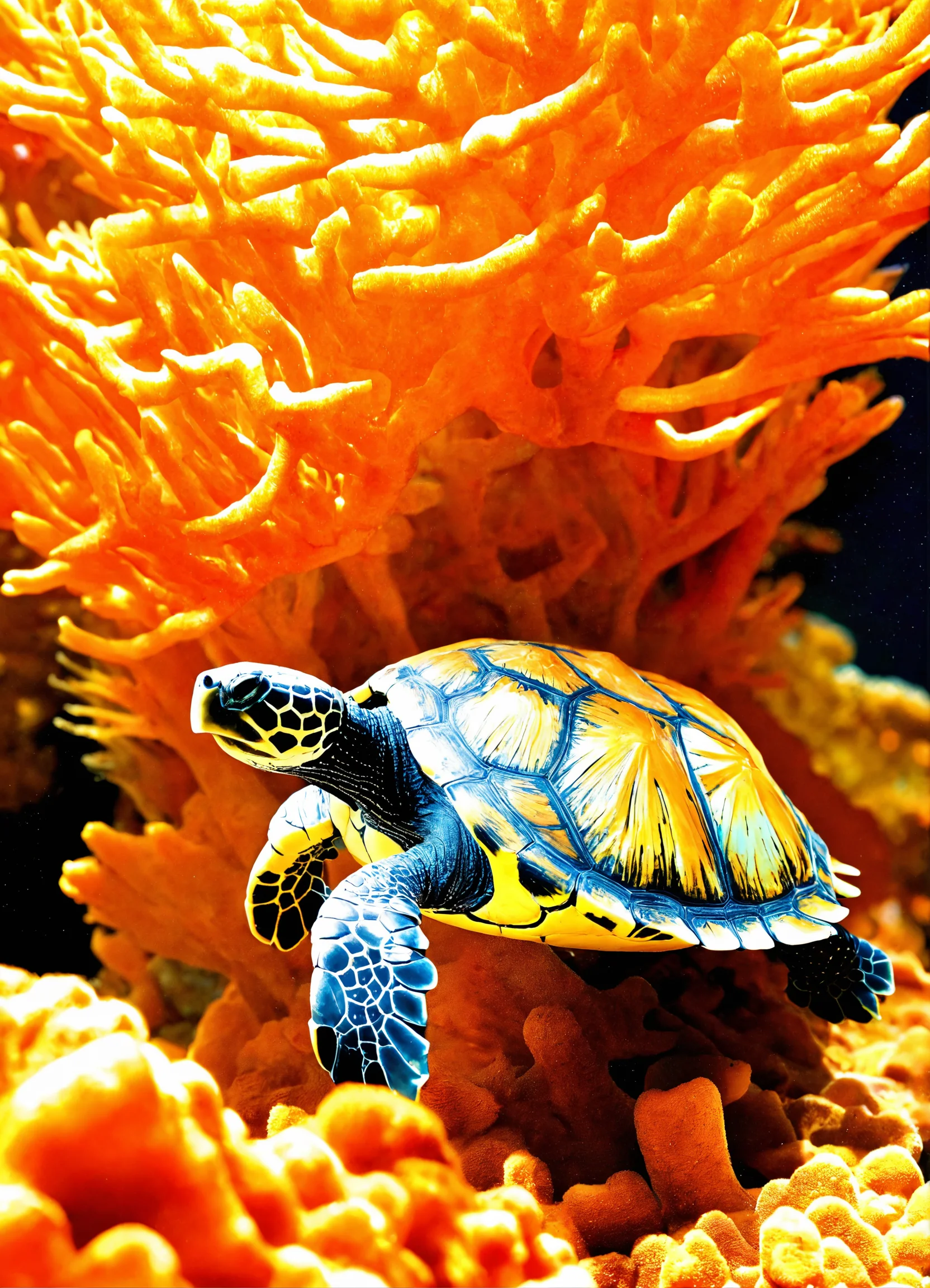 Lexica - A turtle emerges from a golden coral, and the rich orange ...