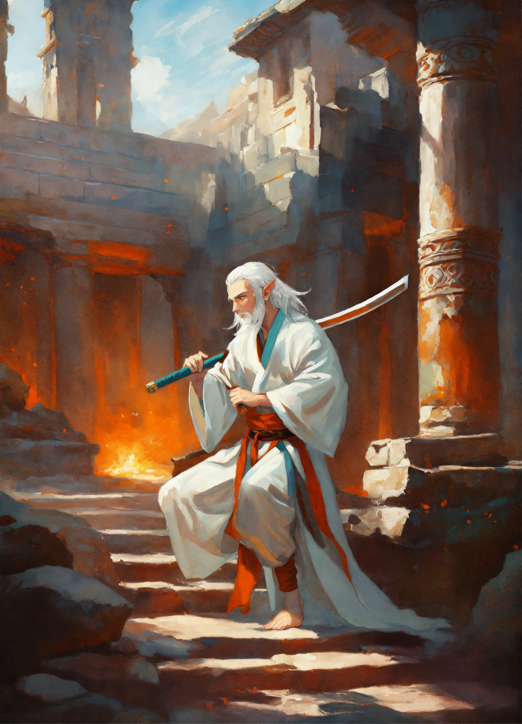 Lexica - White haired elf monk in martial artist robes with Stalf in ...