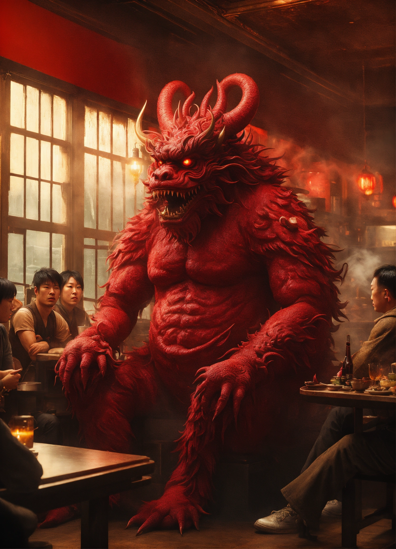 Lexica - A huge red chinese monster is sitting in front of a kitchen ...