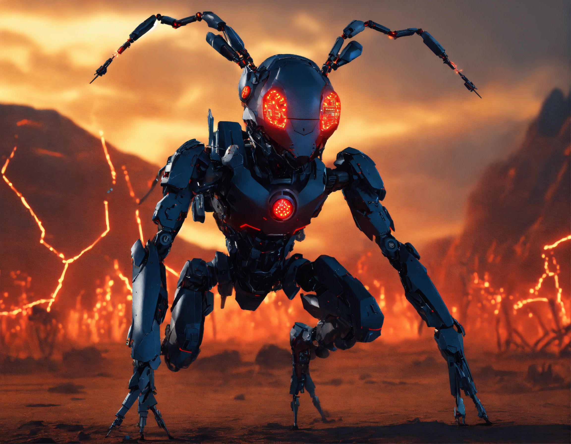 Lexica - Zoom out scene of 4 leg 2 arm standing black ant faced ...