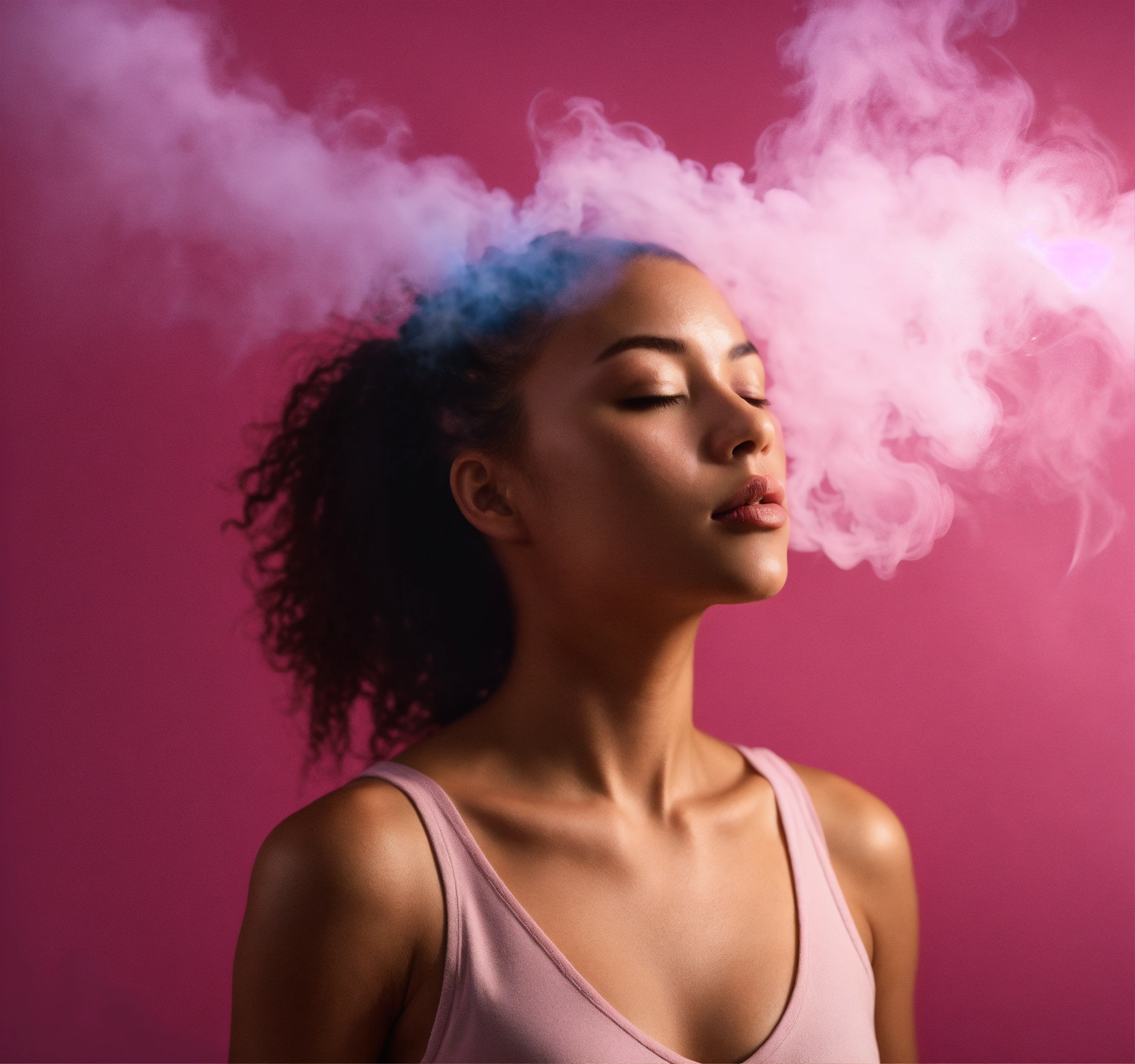 Lexica - Clear ambient glowing pink background, mixed race female steam ...