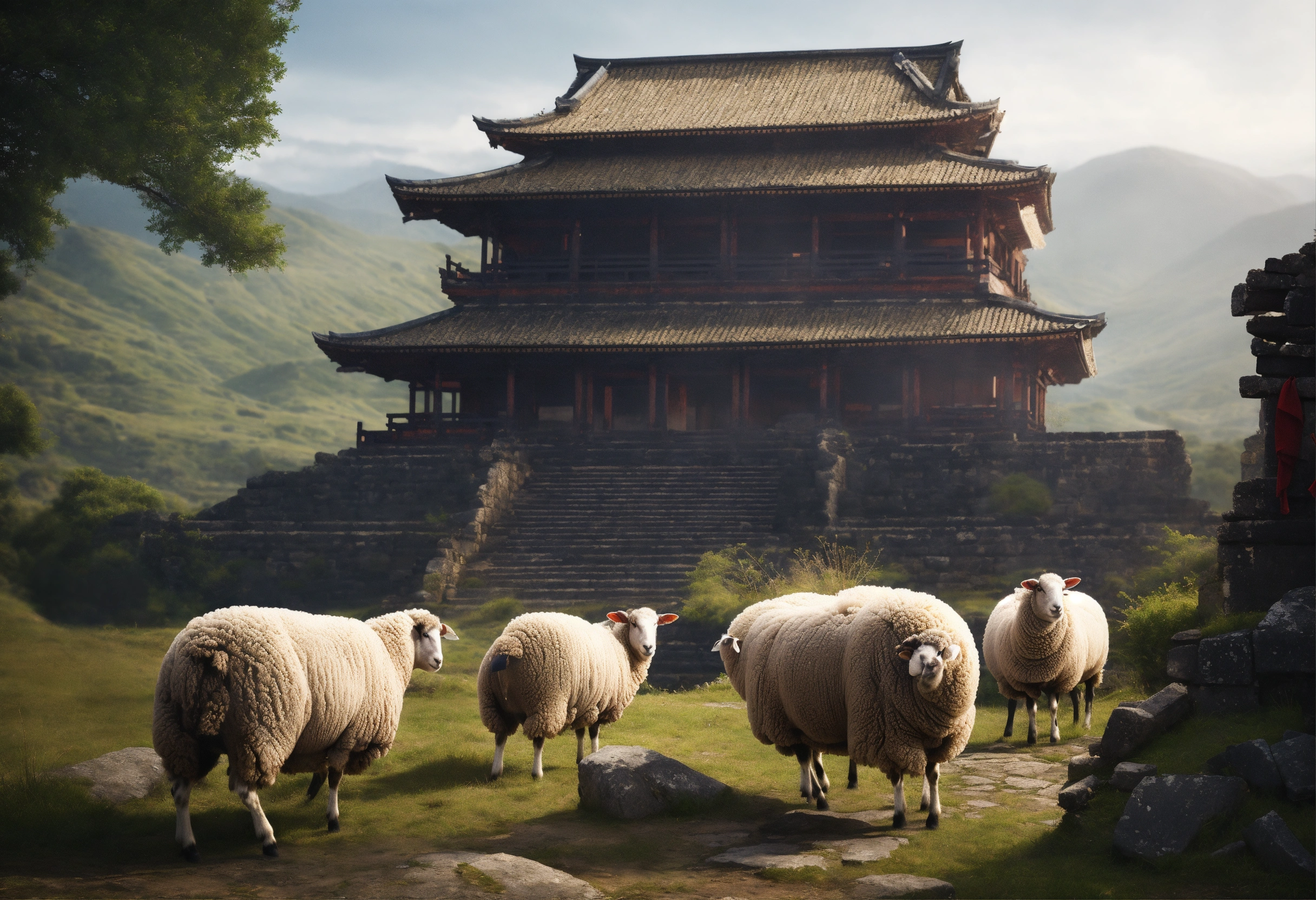 Lexica - Sheep samurai. Ancient ruins. Hyper realistic.