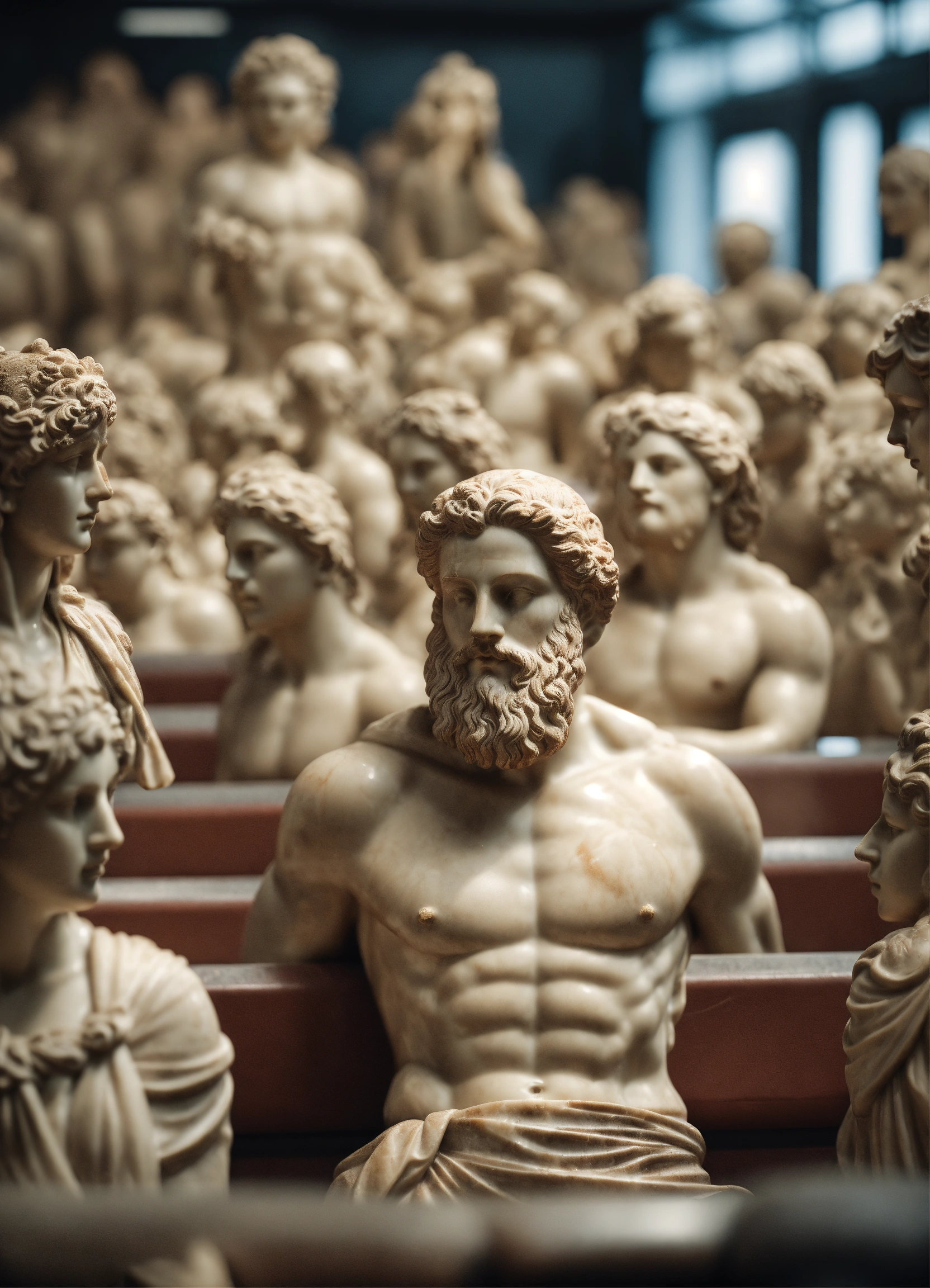 Lexica - Greek marble statues sitting in a very crowded gym during rush ...