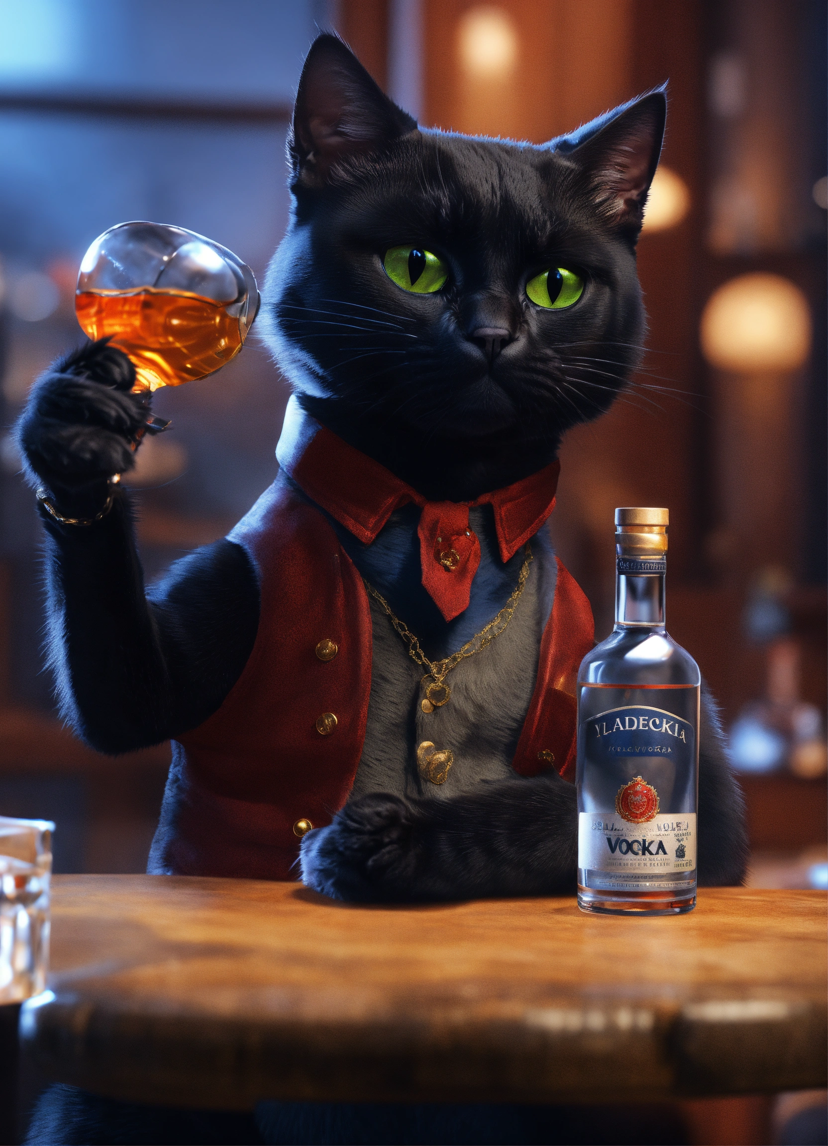 Lexica - A drunk black cat, holding a bottle of vodka on his hand ...