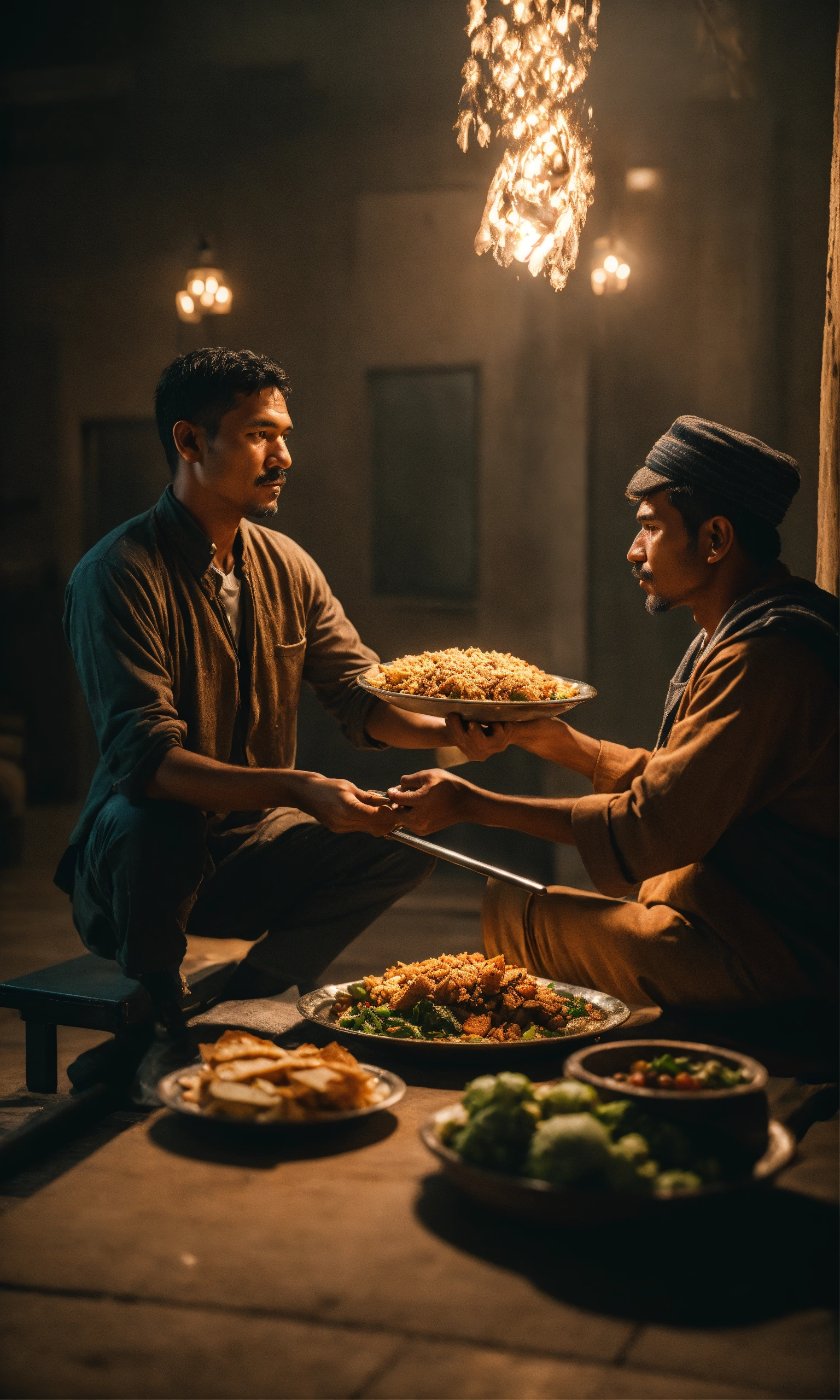 Lexica - A man giving food to a poor man, while holding a weapon with ...