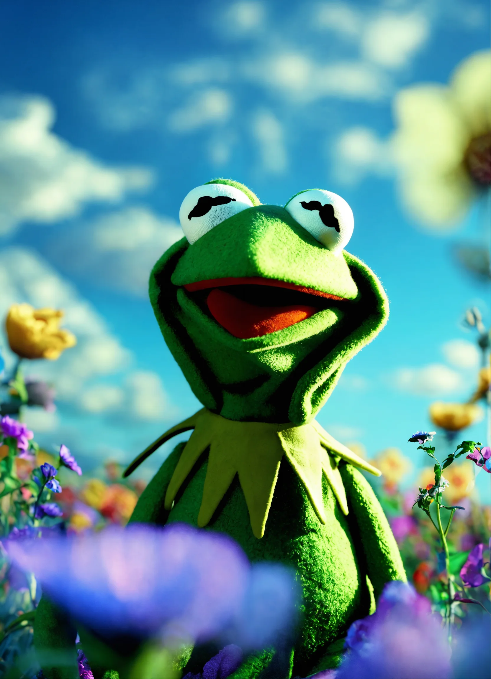 Lexica - Kermit the frog, happy, light, surrounded by a blue sky on a ...