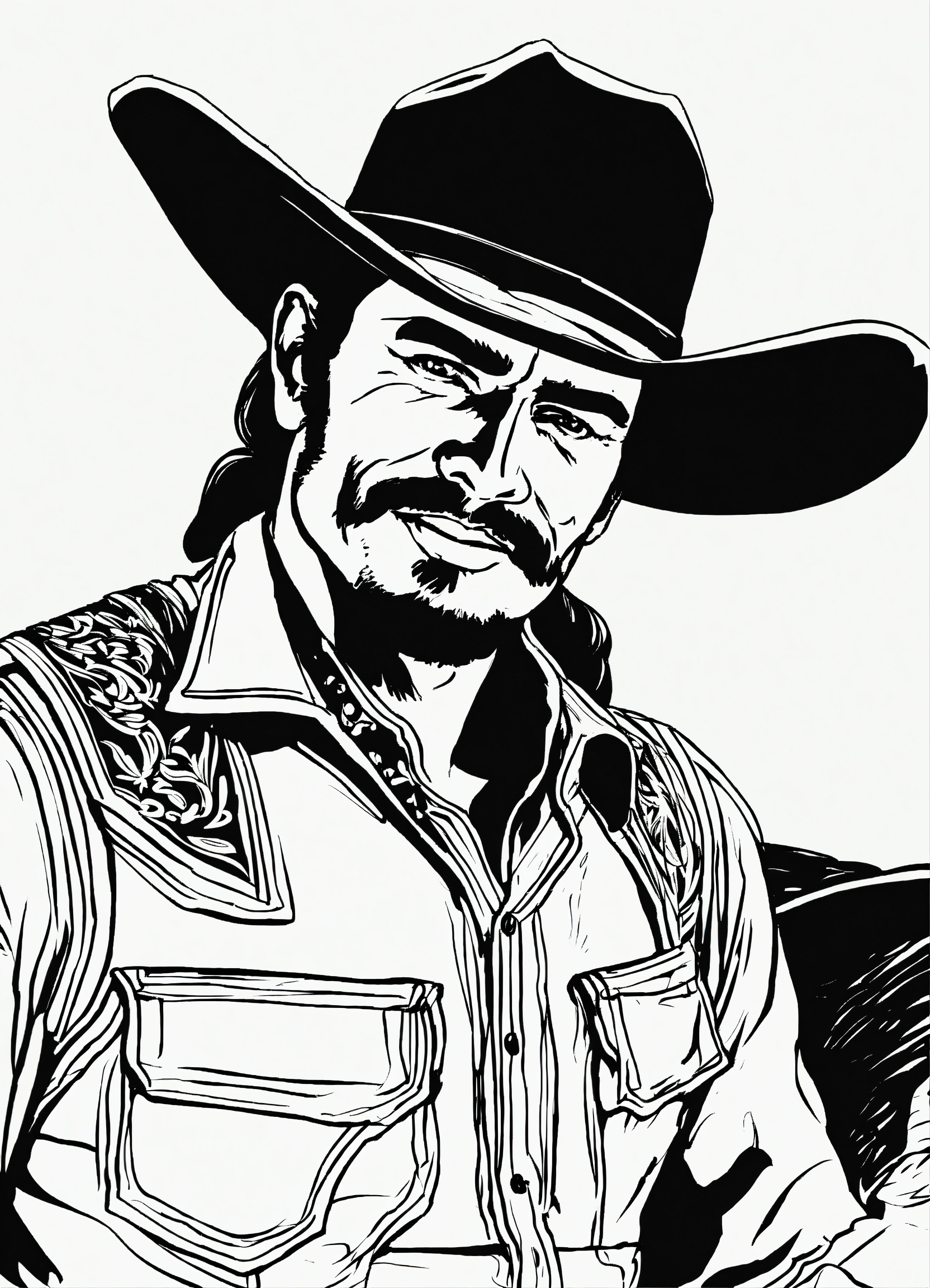 Lexica - Black and white line drawing of vaquero man, upper body, white ...