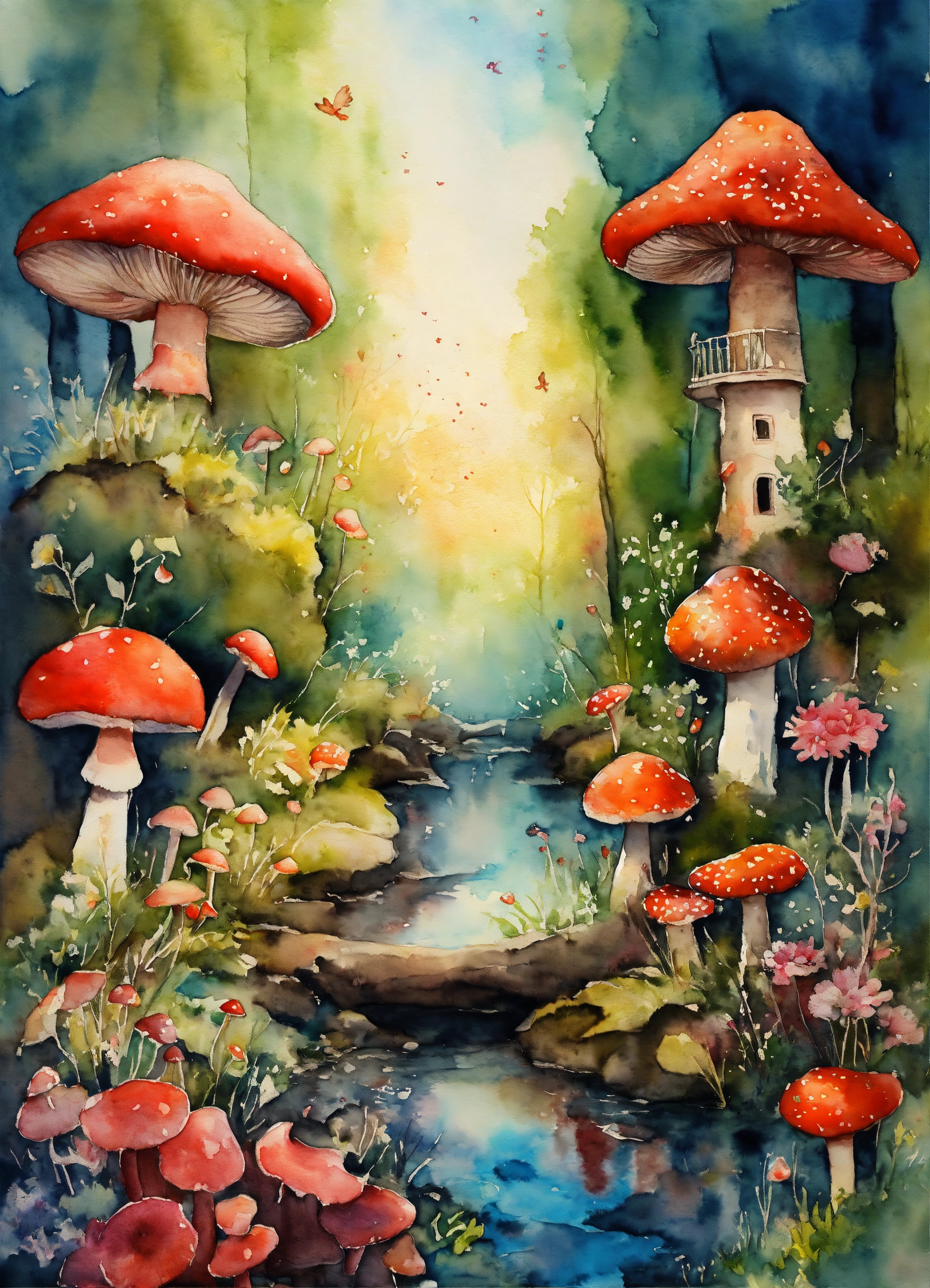 Lexica - Amazing watercolor painting in nature with trees, flowers ...