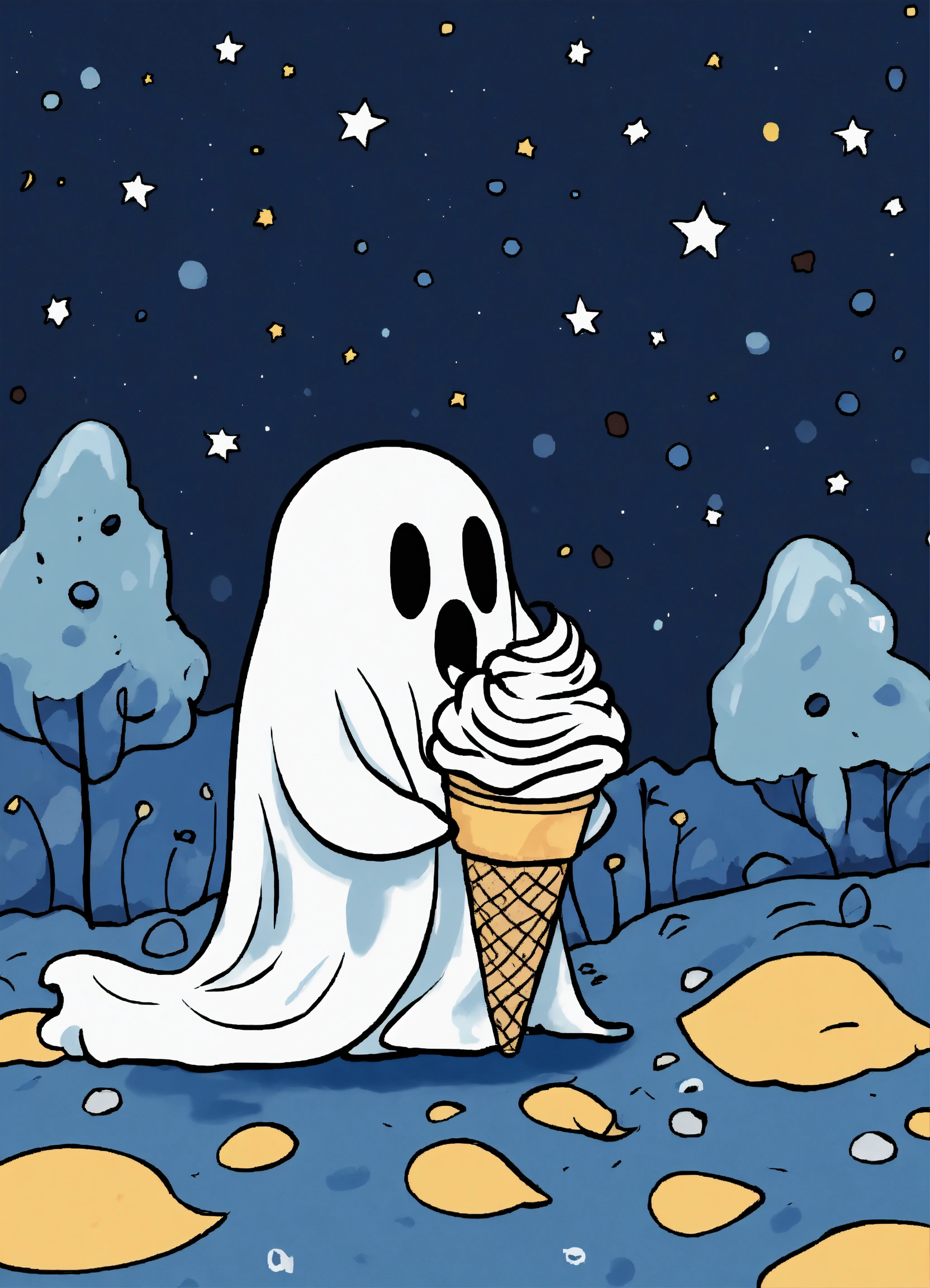 Lexica - Simple ghost eating ice cream doodle png starry night background