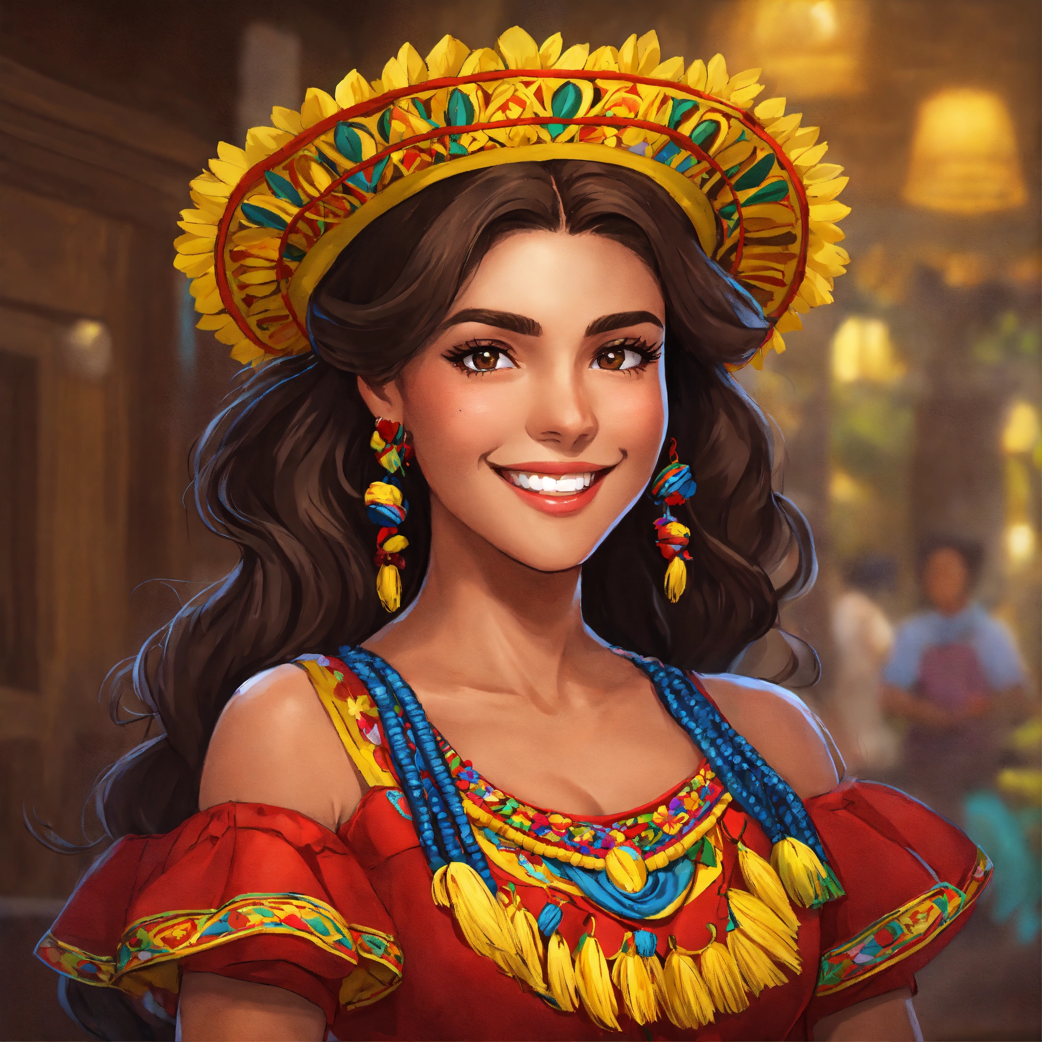 Lexica - Generates a girl with dark brown hair, very smiling, with a ...