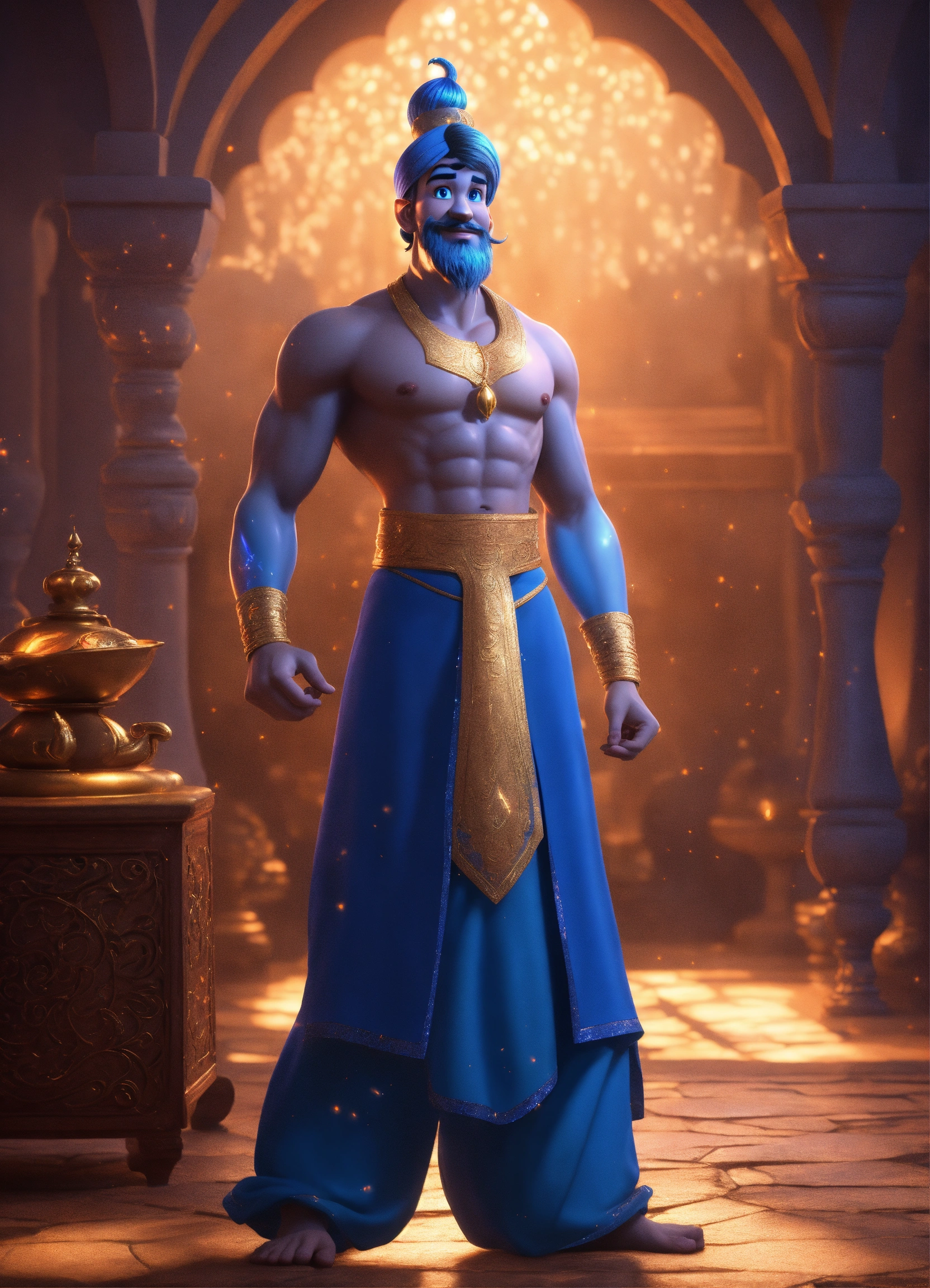 Lexica - Create a 3D rendering of a magical blue Arabian male genie ...