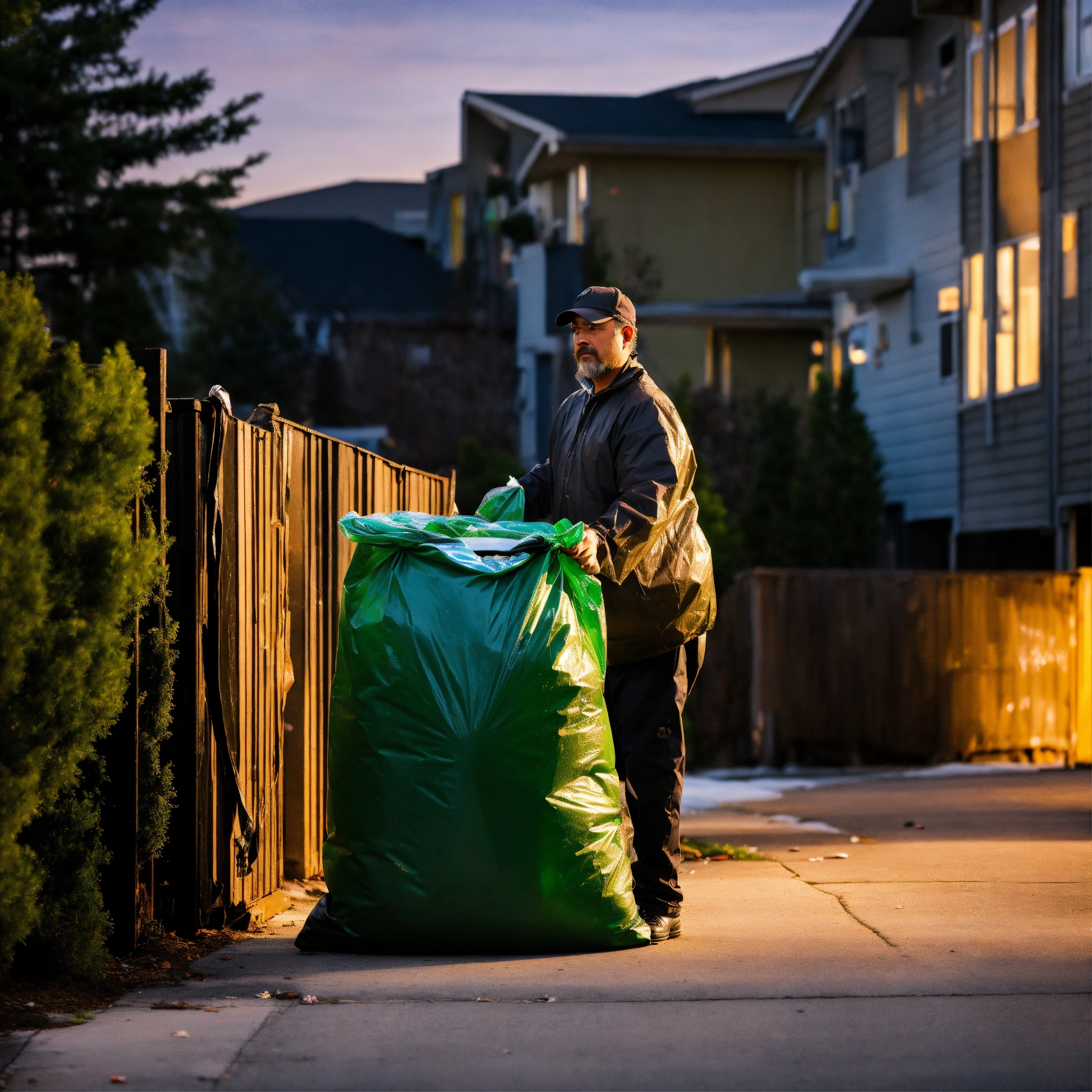 Lexica - A photo of a man taking a garbage bag out to a dumpster behind ...