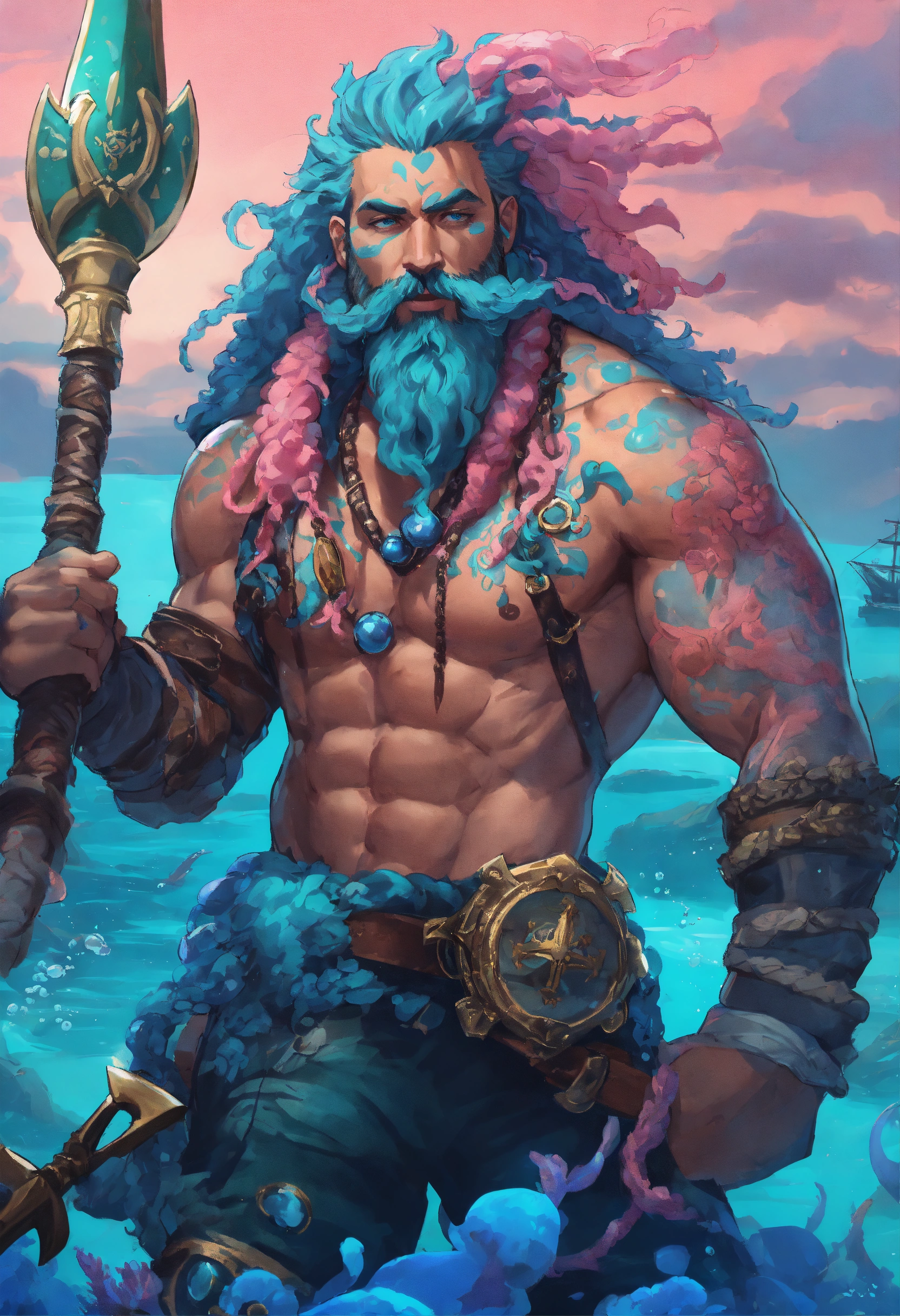 Lexica - A buff muscular Merman pirate with scales across his blue skin ...
