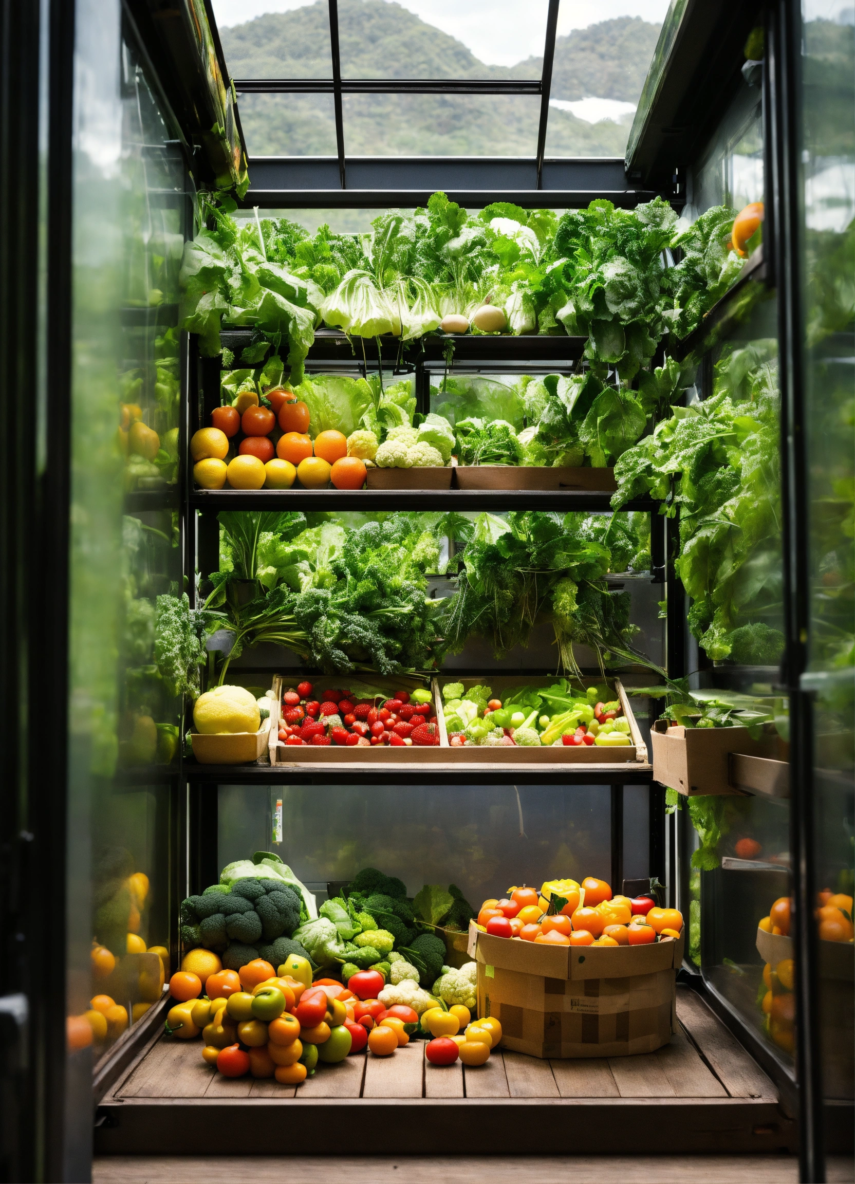 Lexica - A see through shipping container with fruits and vegetables growing inside