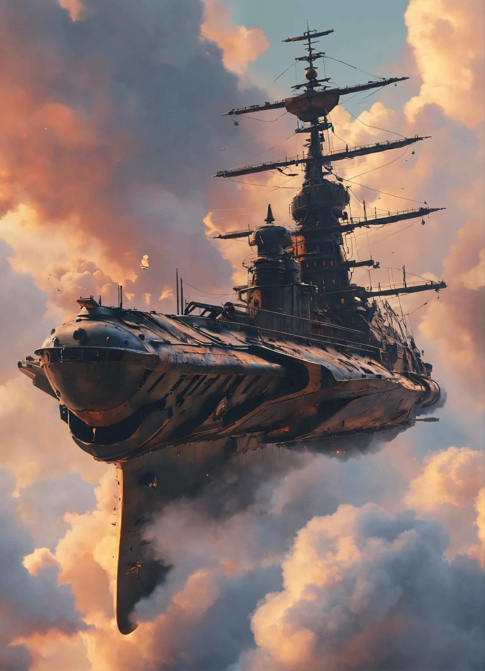 Lexica - A mighty battle frigate flying through the clouds in ...