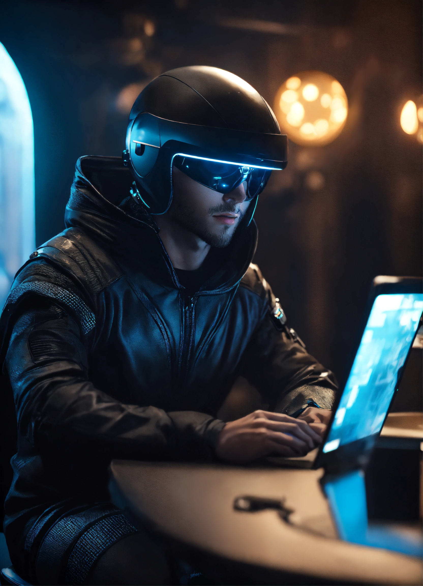 Lexica - Nerdy 25 year old male cyborg hacker wearing futuristic ...