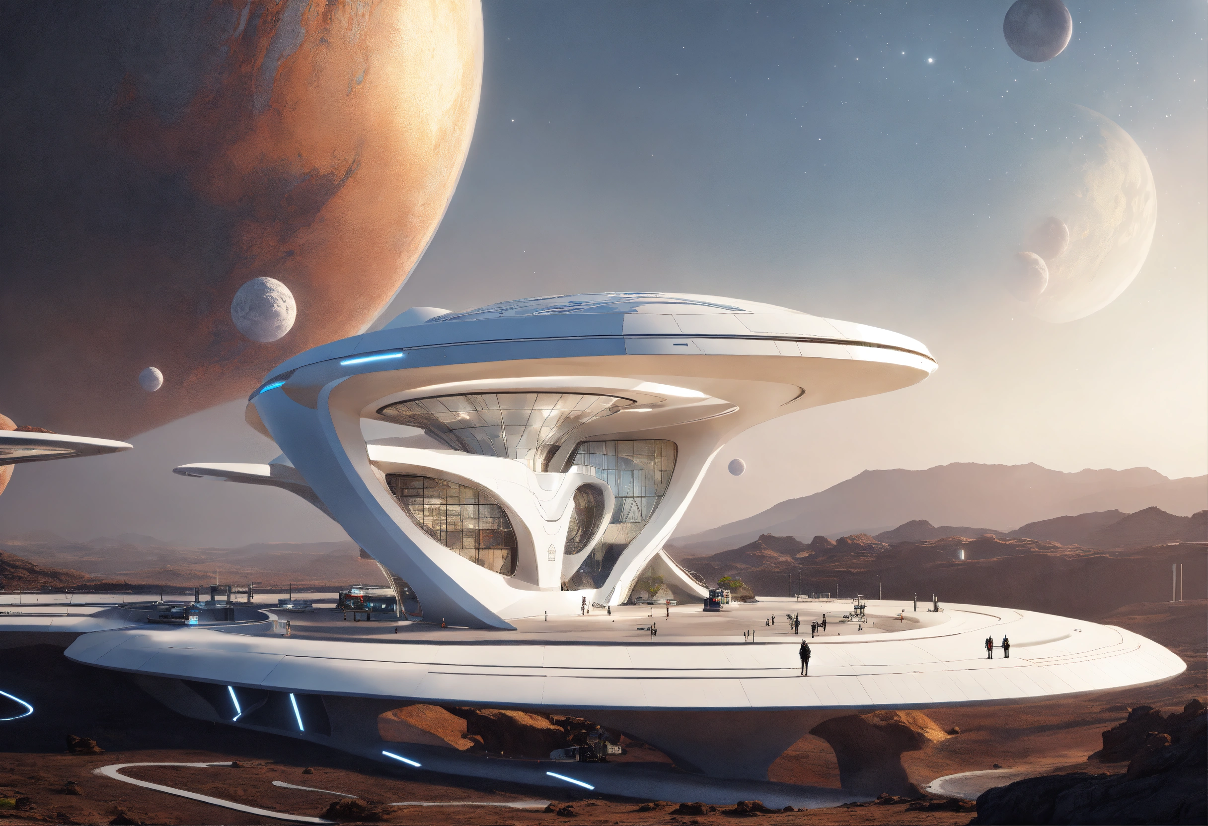 Lexica - Incredible modern white 360° spaceport orbiting in space, zaha ...