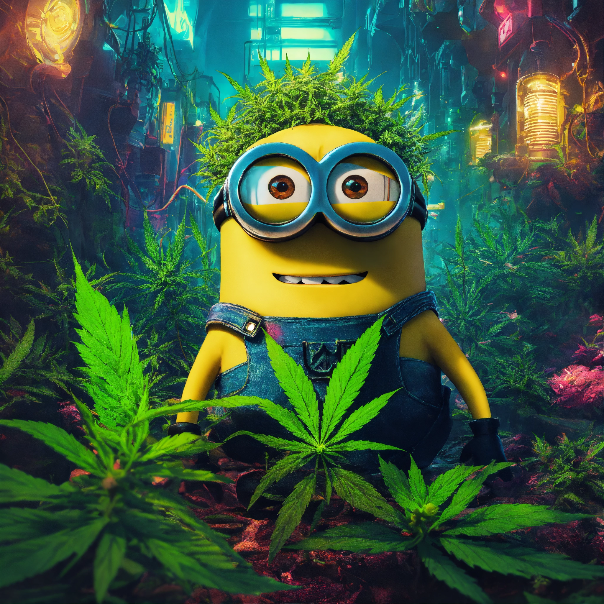Lexica - Cyberpunk poster of minion surrounded by cannabis plants