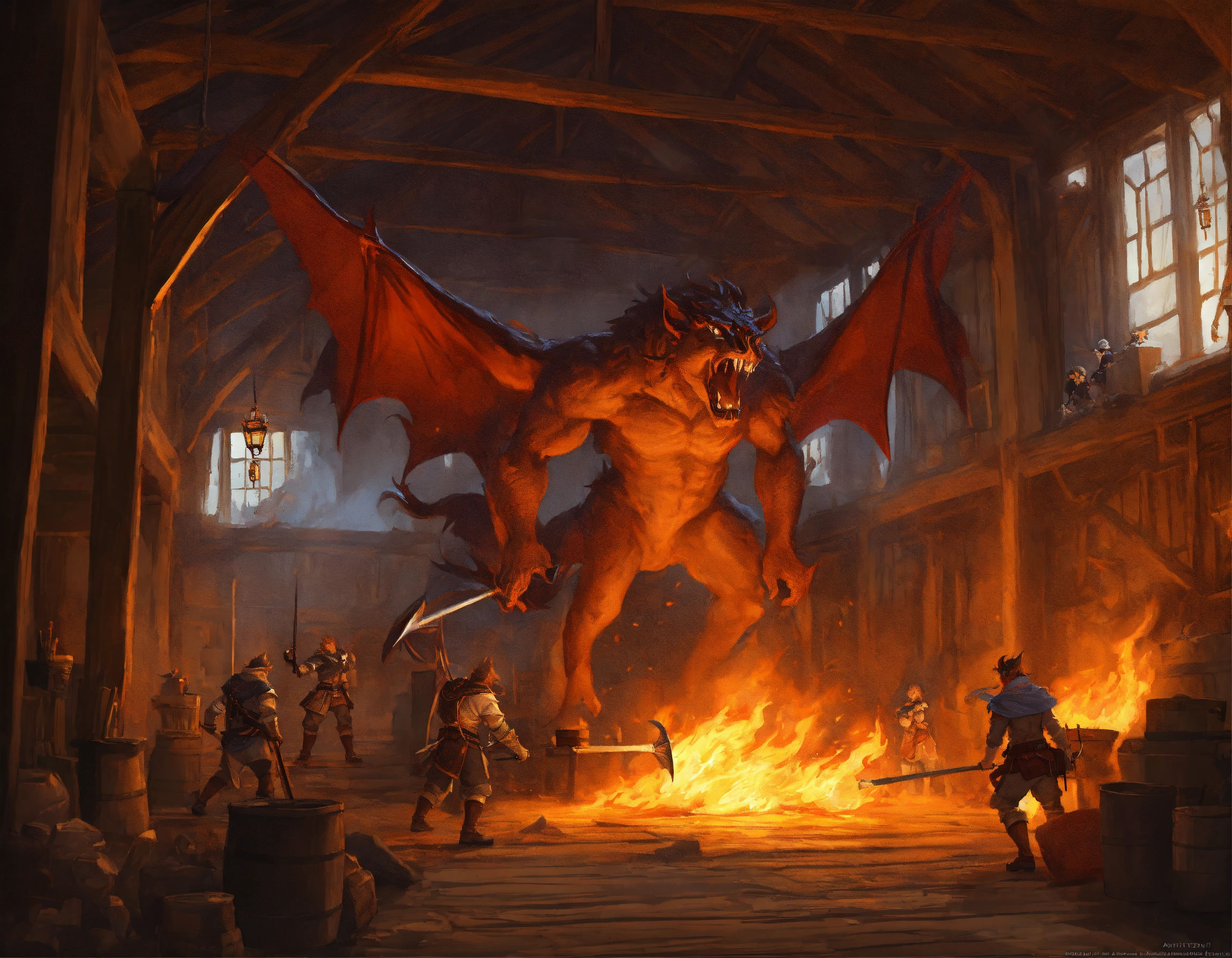Lexica - Fantasy adventurers in an old barn battling small winged fire ...
