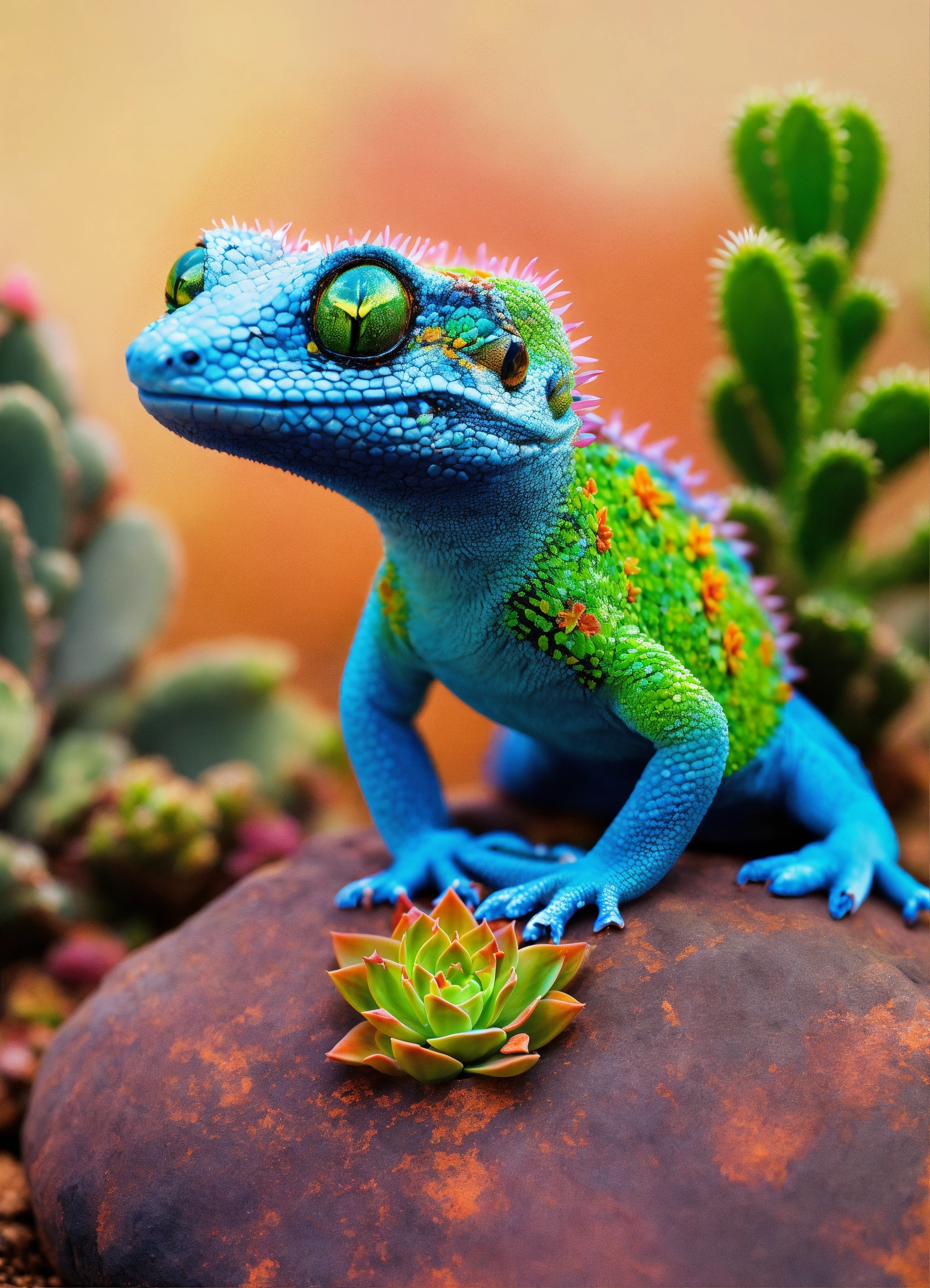 Lexica - Gecko colorful painting art on a rock cactus succulents ...