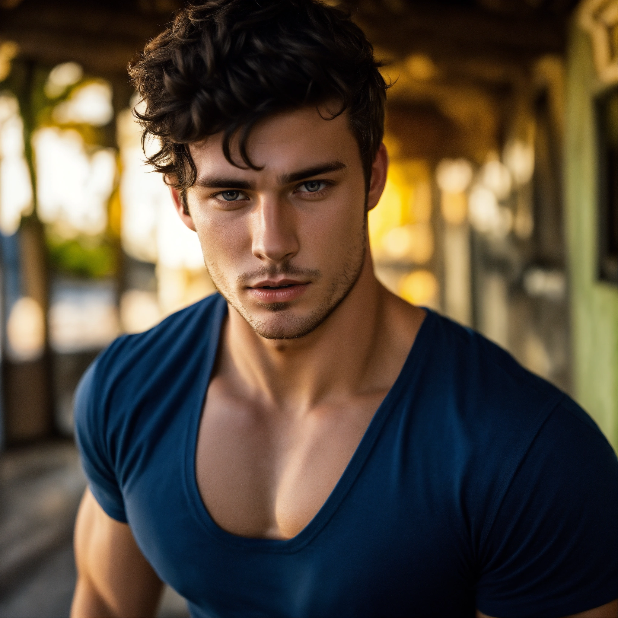 Lexica - Hot white boy face blue ayes black hair muscular face