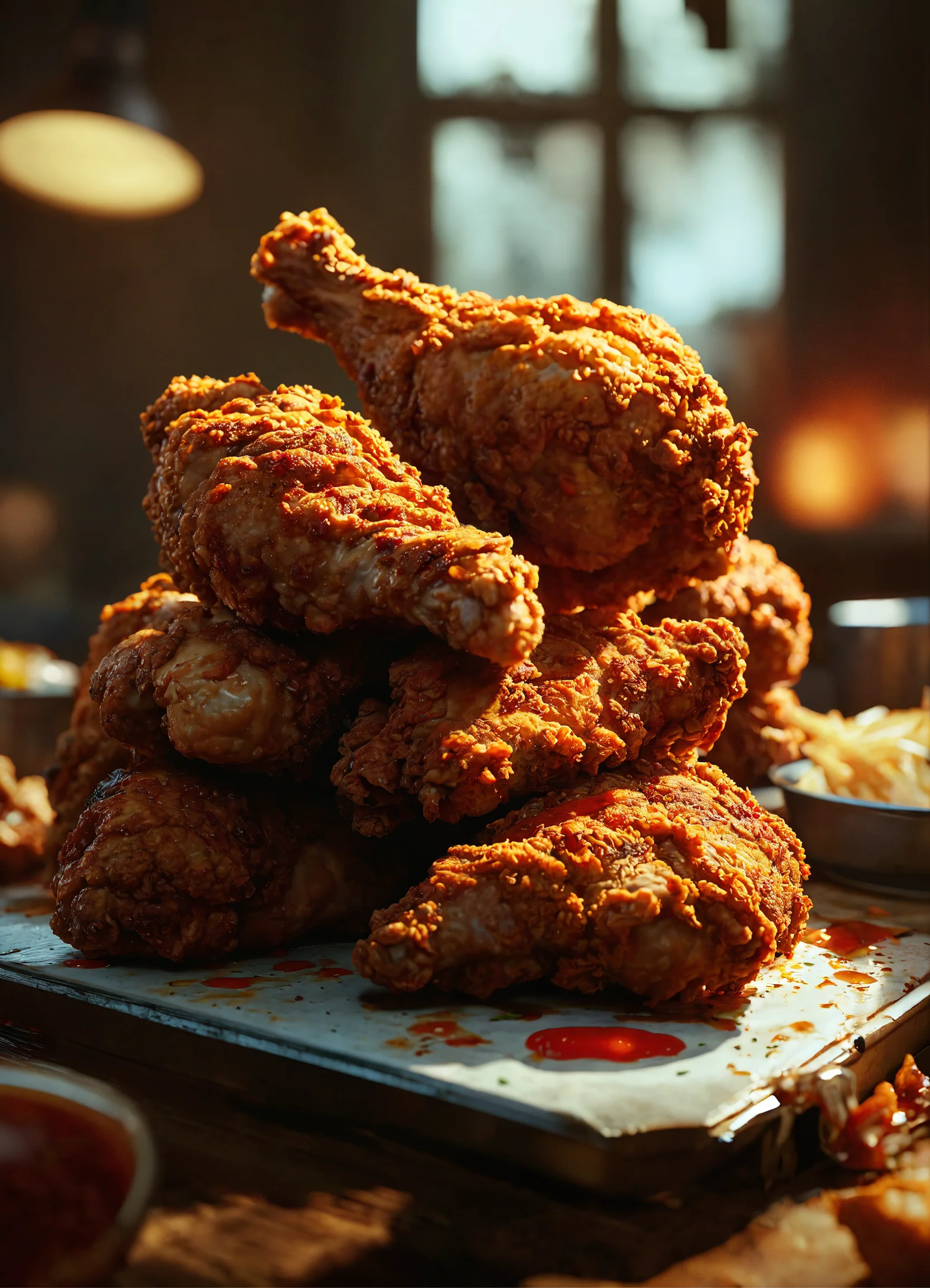 Lexica - Fried chicken stacked on top of each other on a table ...