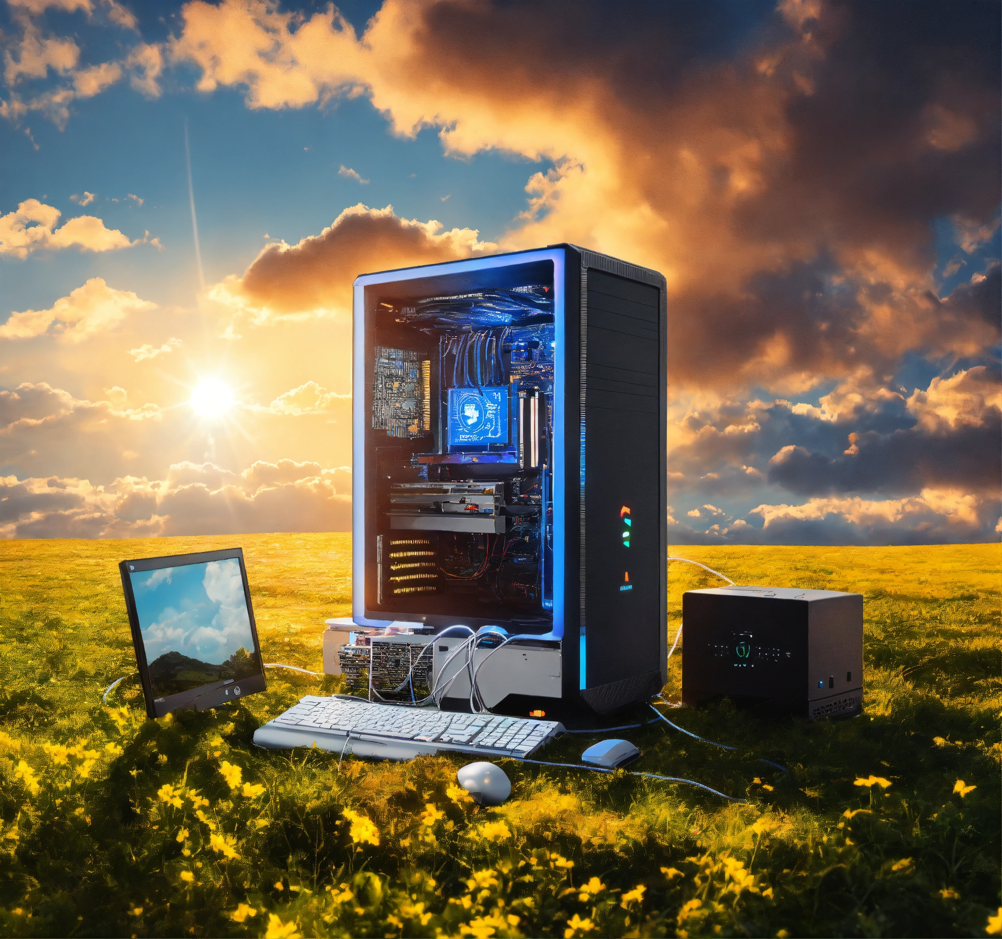 Lexica - Please generate a lively picture of computers and cybersecurity under sunshine and clouds.