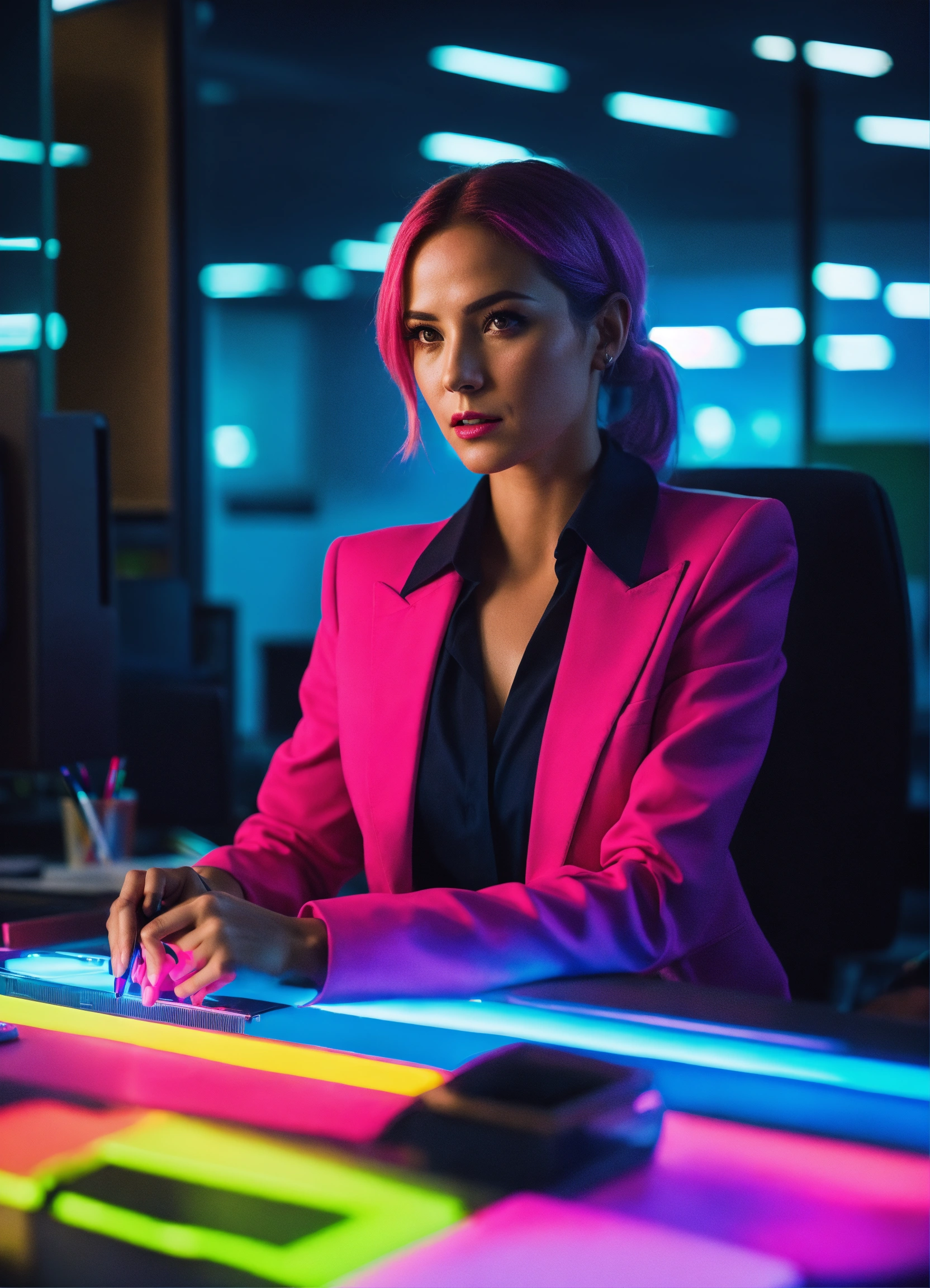 Lexica - Cinematic photography, modern, female trickster in an office ...