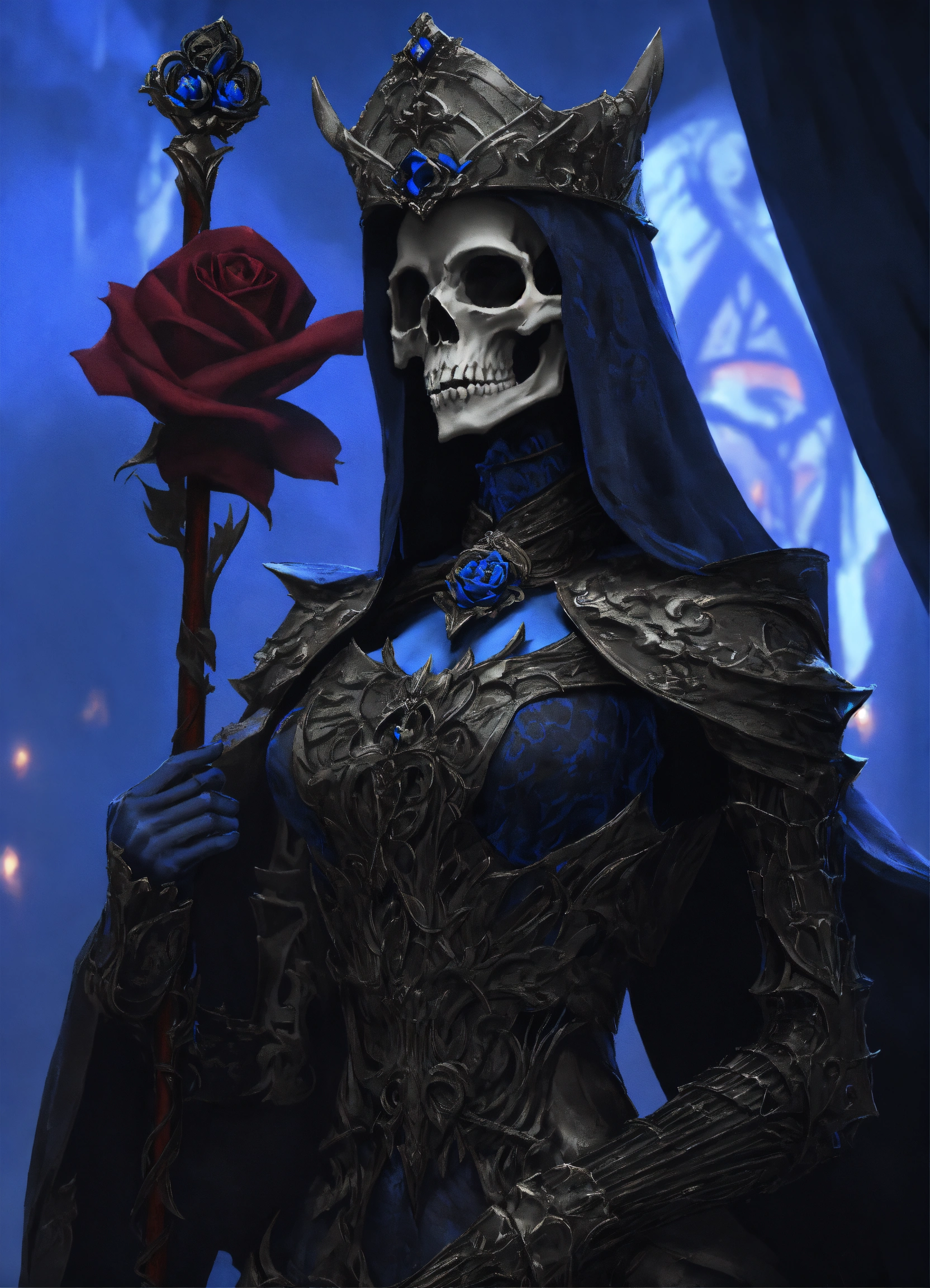 Lexica - Skeletal feminine lich queen with charcoal silk garbs covering her. A blue flag with a ...