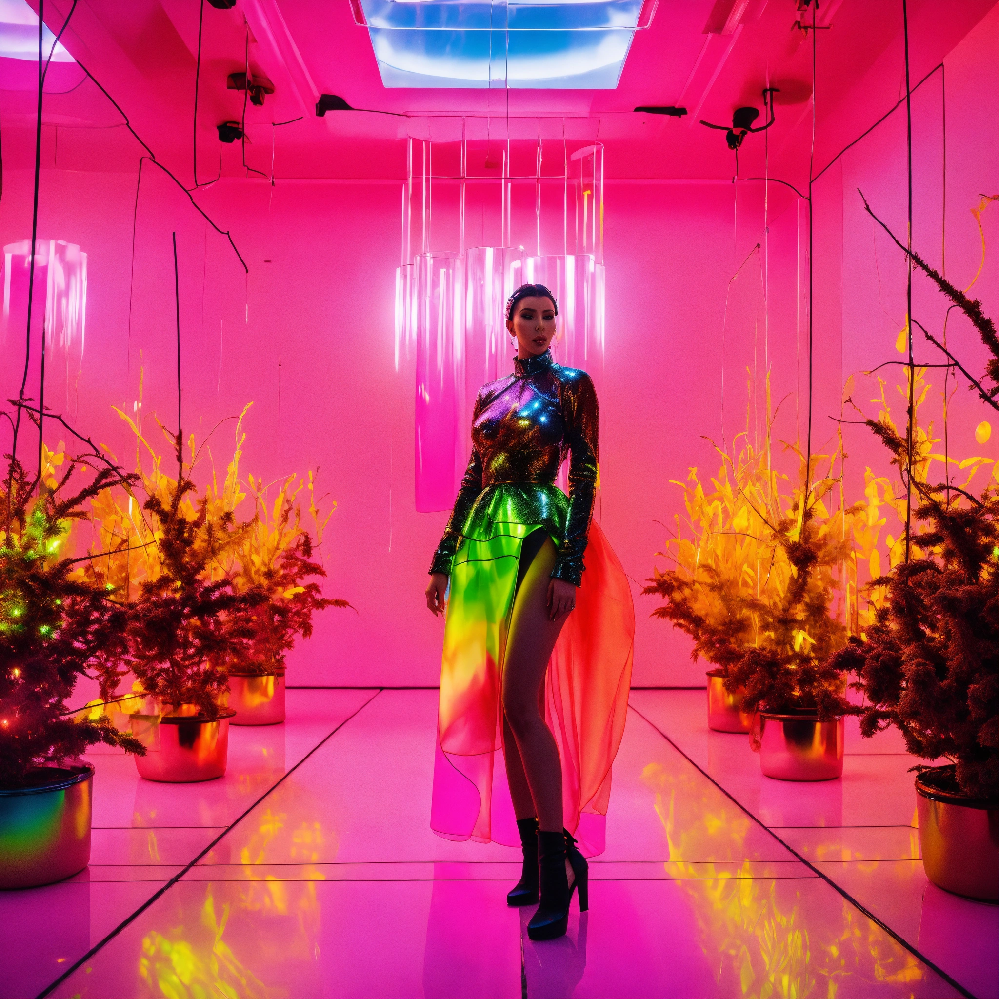 Lexica - Drone shot of a glass forest and a full body A beautiful futuristic blonde female kim ...