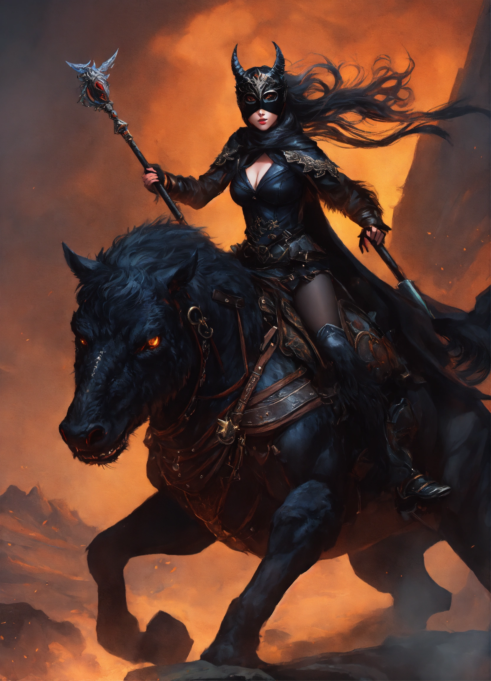 Lexica - Masked warrior woman dressed in black riding a monster mount