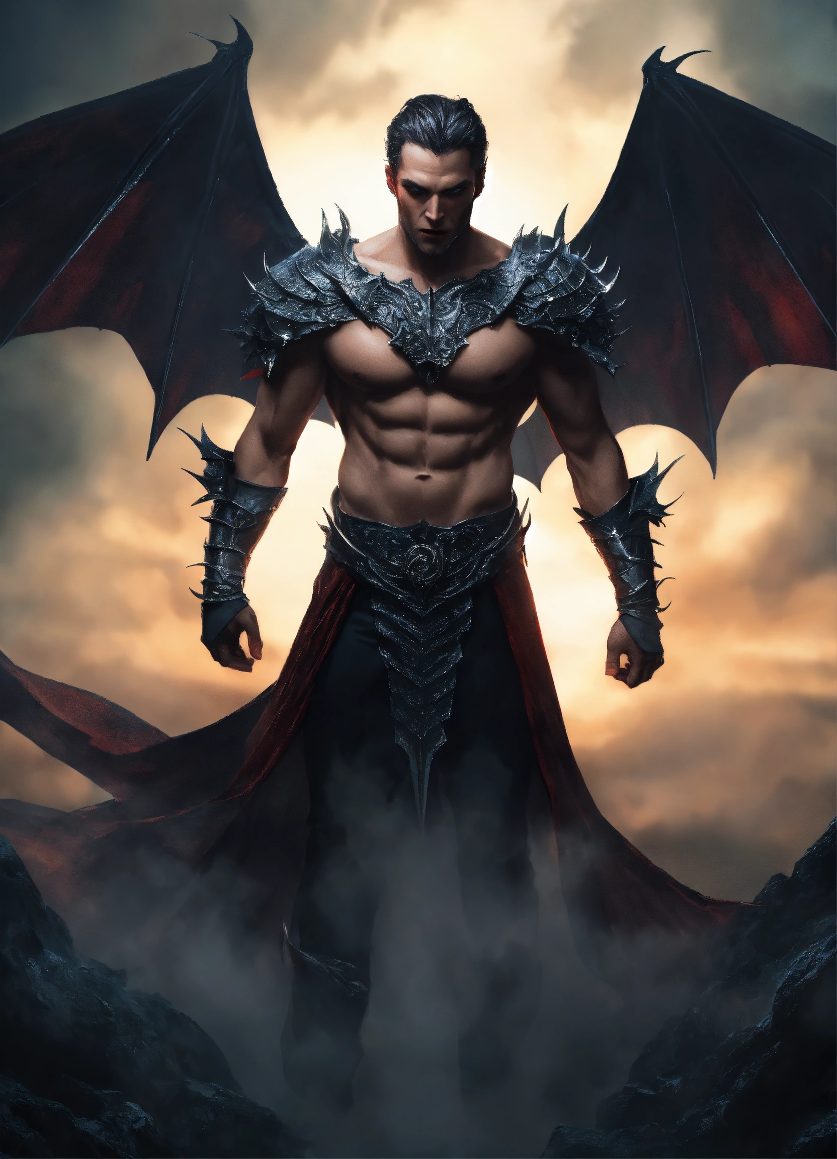 Lexica - Full body strong muscular evil vampire man entangled in a dark mist spiral, attractive ...