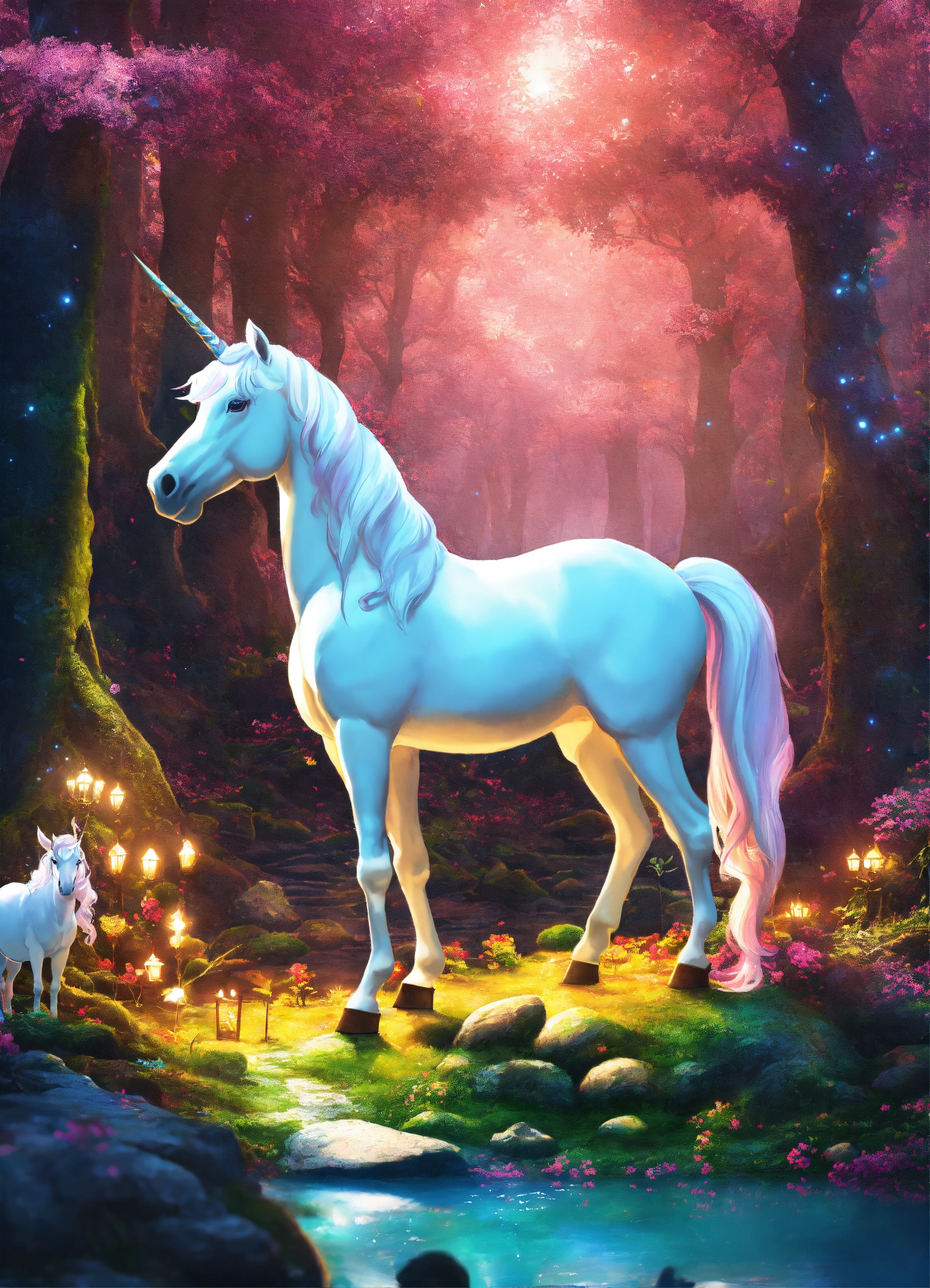 Lexica - A hidden treasure is discovered in an enchanted forest with unicorns in the digital realm.