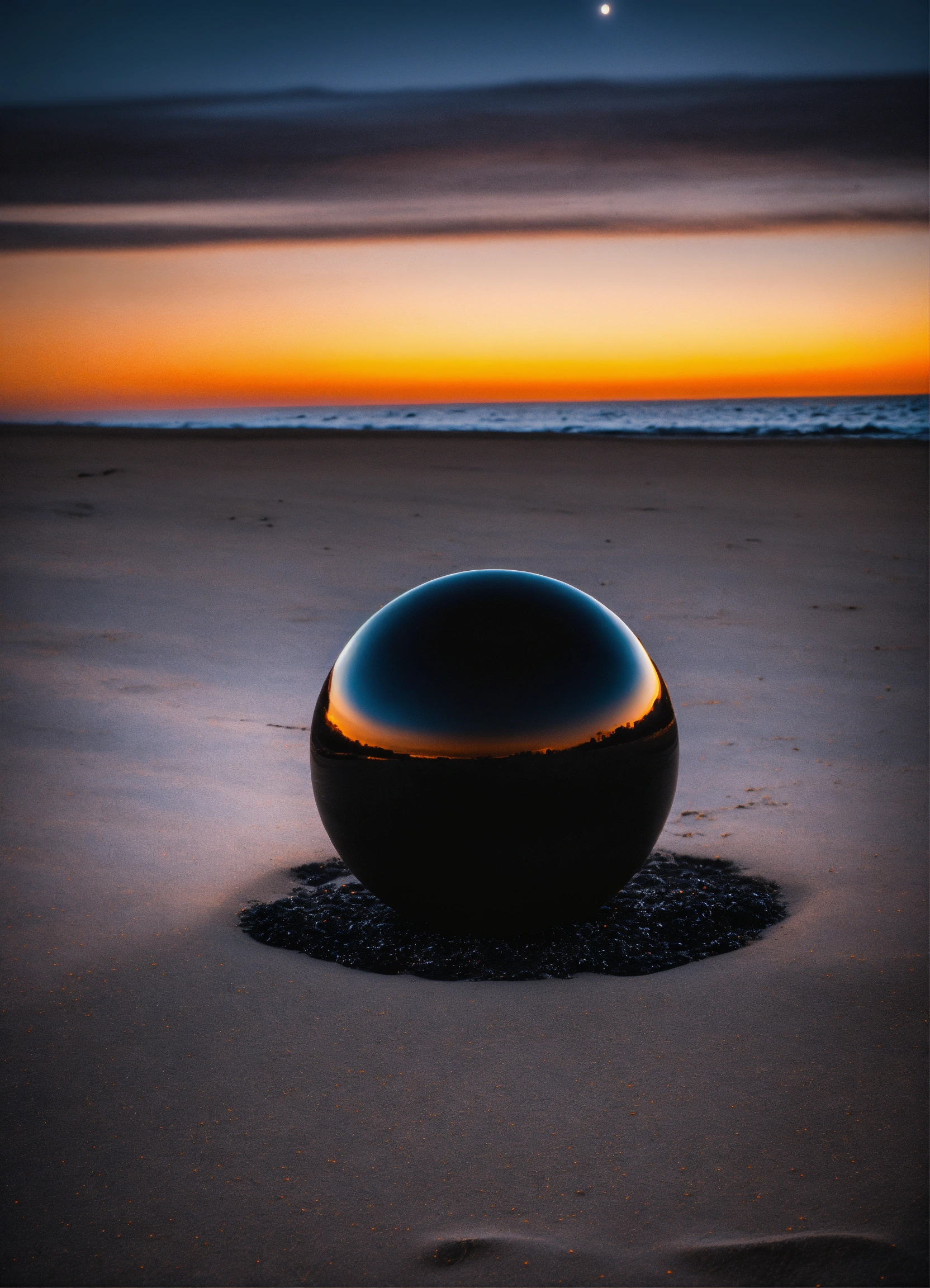 Lexica - A perfectly round black orb on the sand at night with no light ...