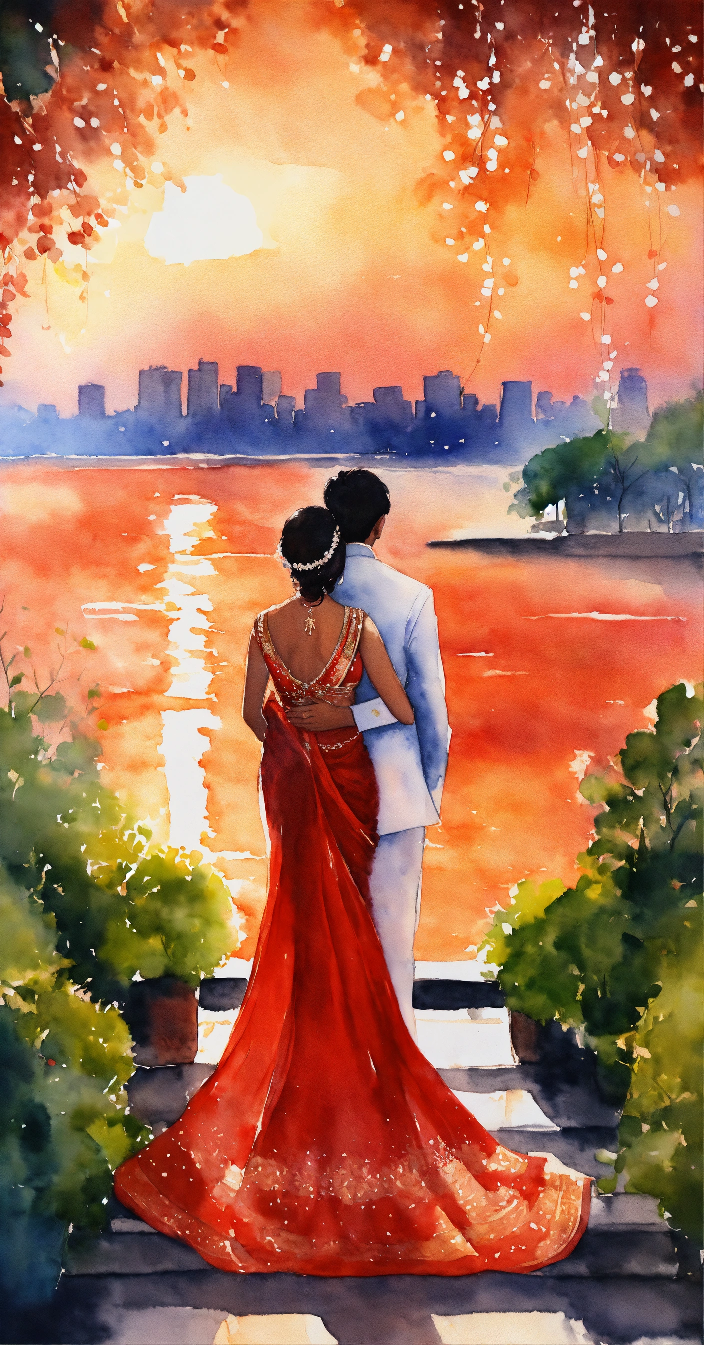 Lexica - Watercolour painting, back view, Indian bride in red saree ...