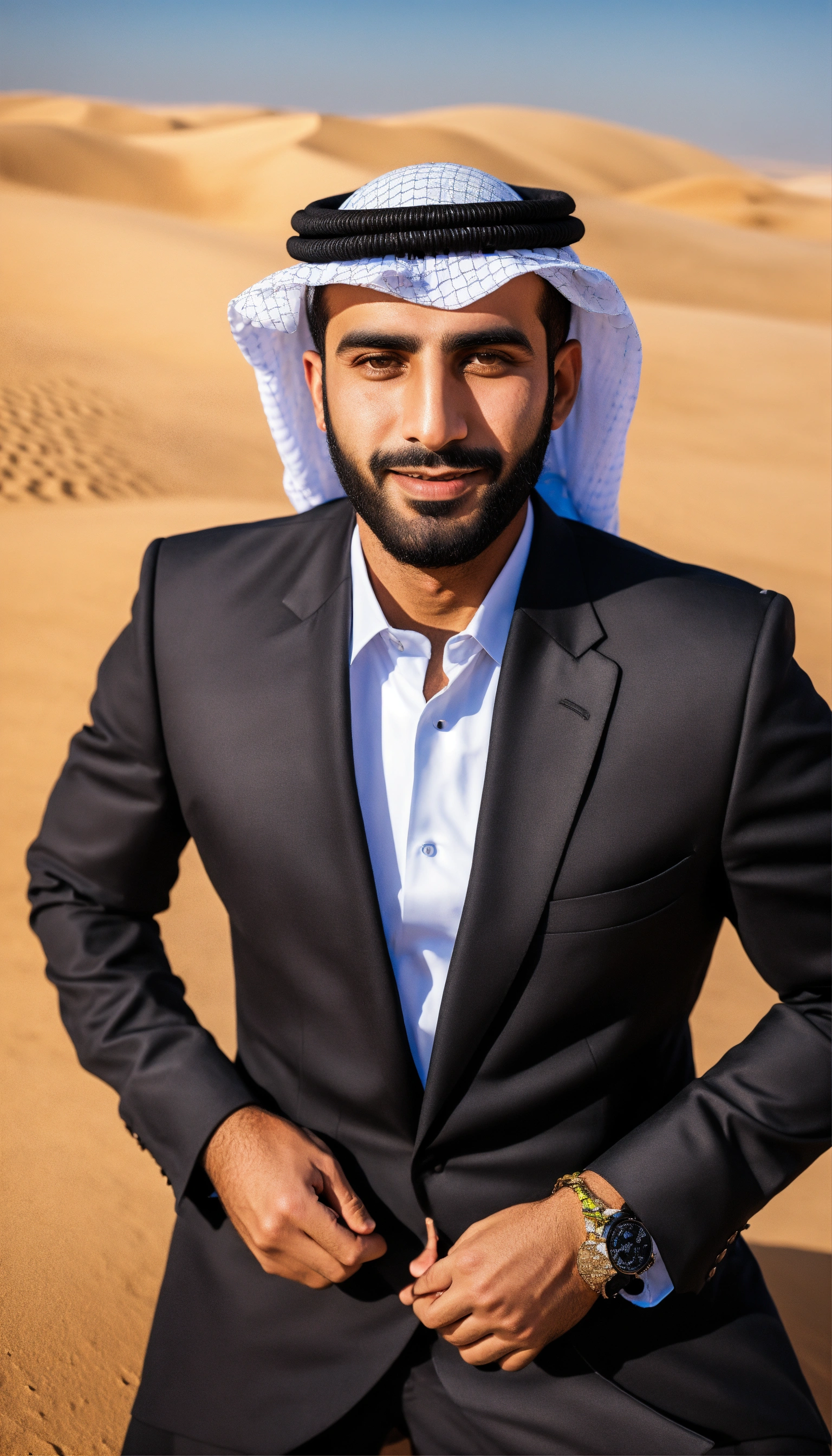 Lexica - Realistic , photo of an Arab man, wearing a vibrant black suit ...