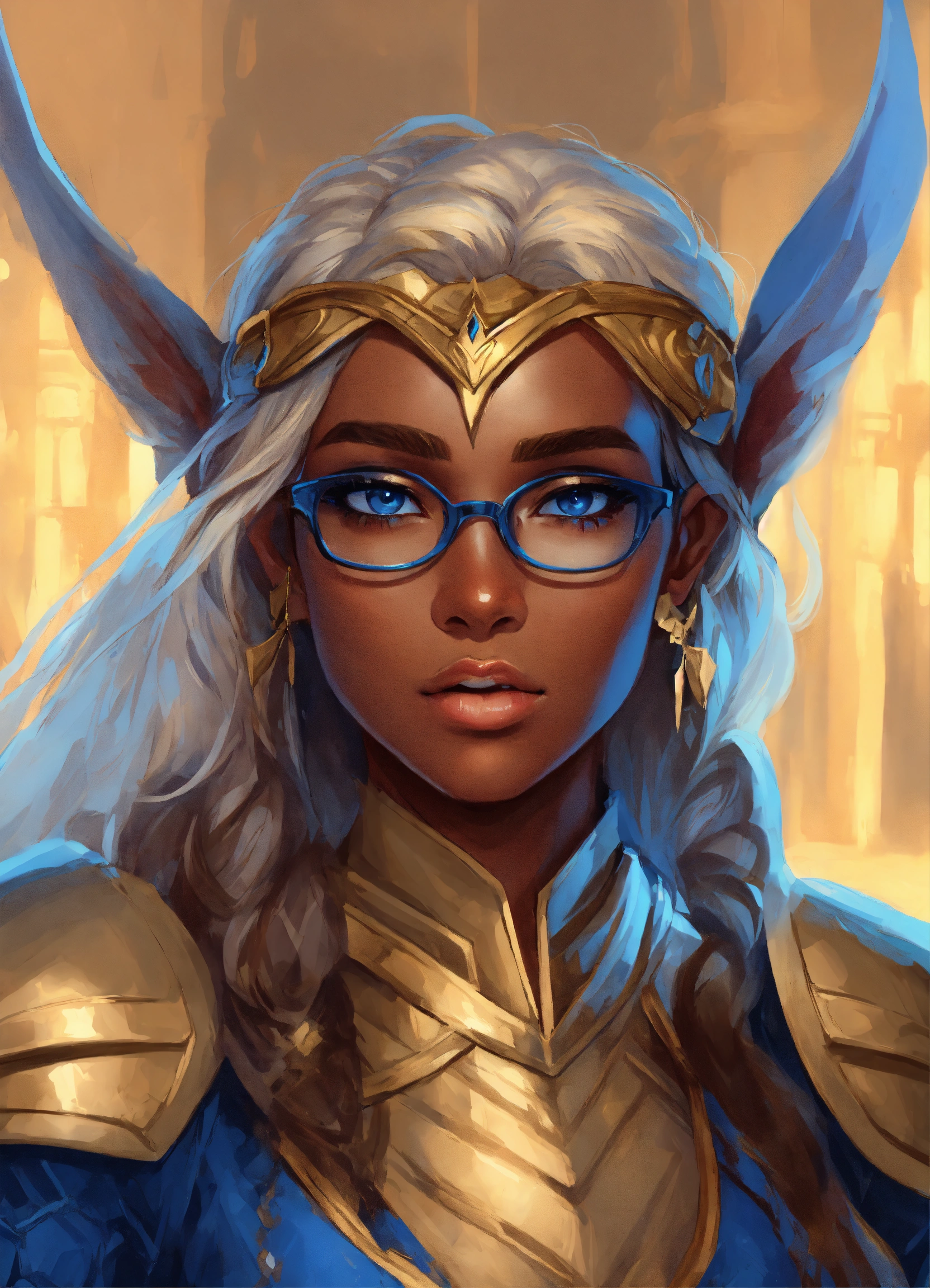 Lexica - A very brown skinned half elf woman, wearing glasses with deep ...
