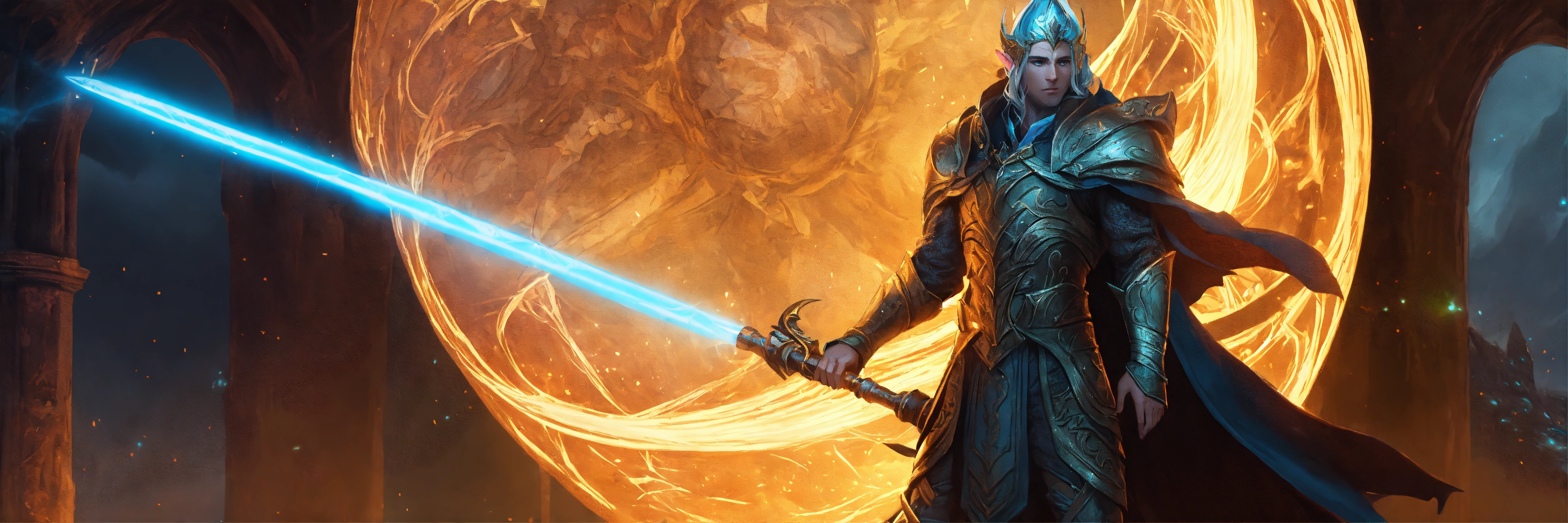 Lexica - Create a elder elf god in a heroic pose, holding a staff, back ...