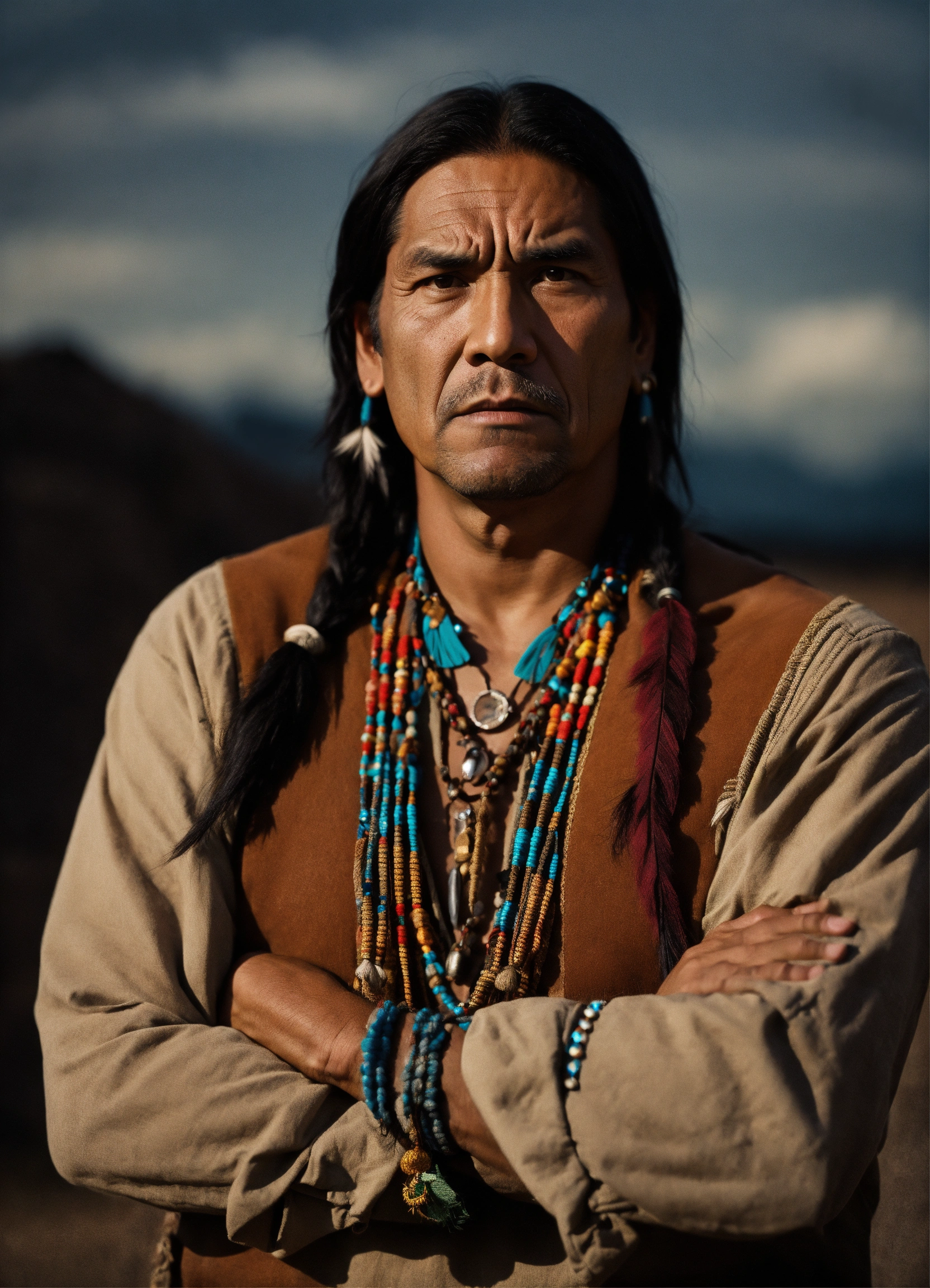 Lexica - Scared native american man, FRONT VIEW, casual clothes, arms ...