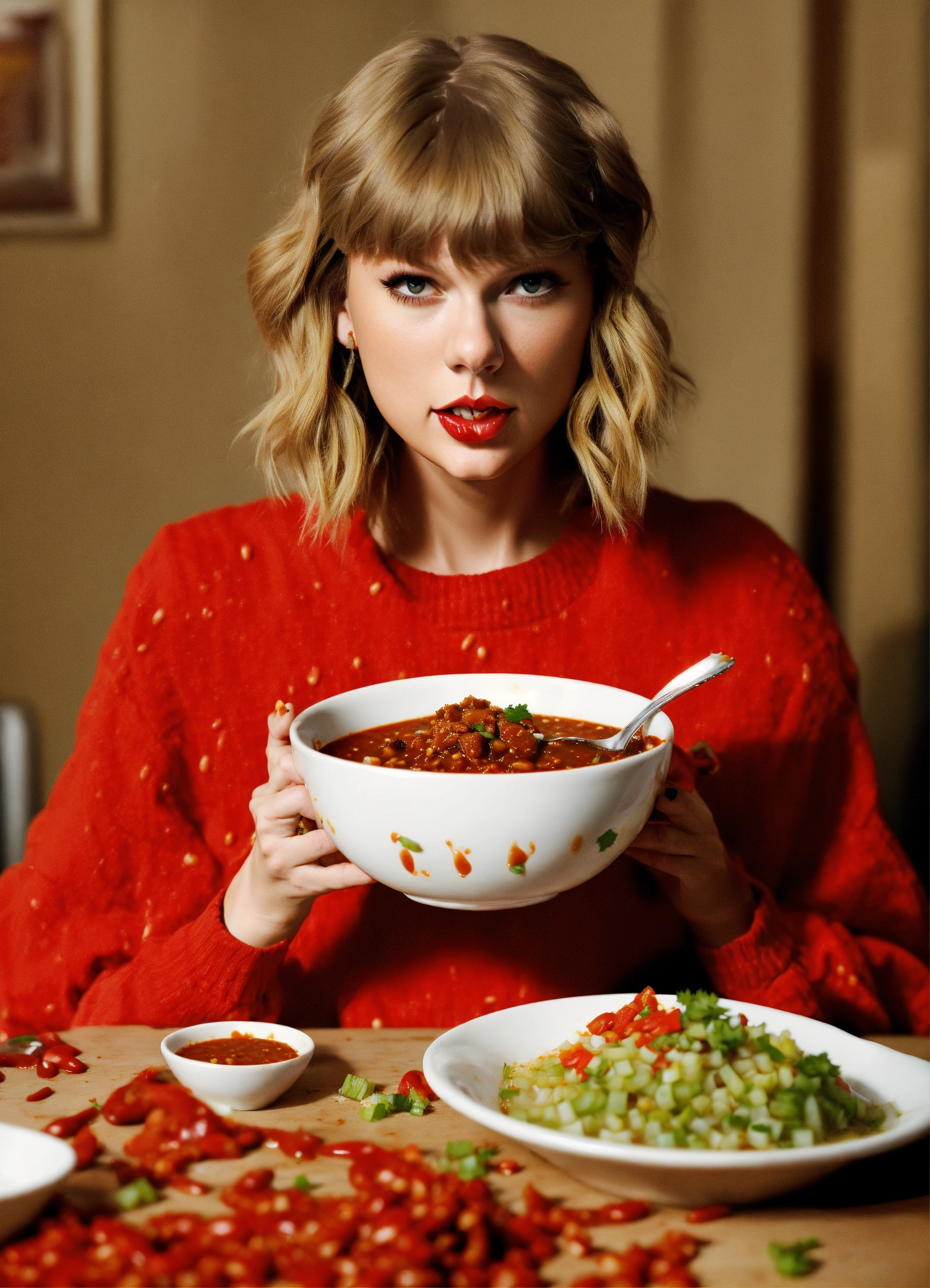 Lexica - Photo realistic shot of taylor swift eating a large bowl of ...
