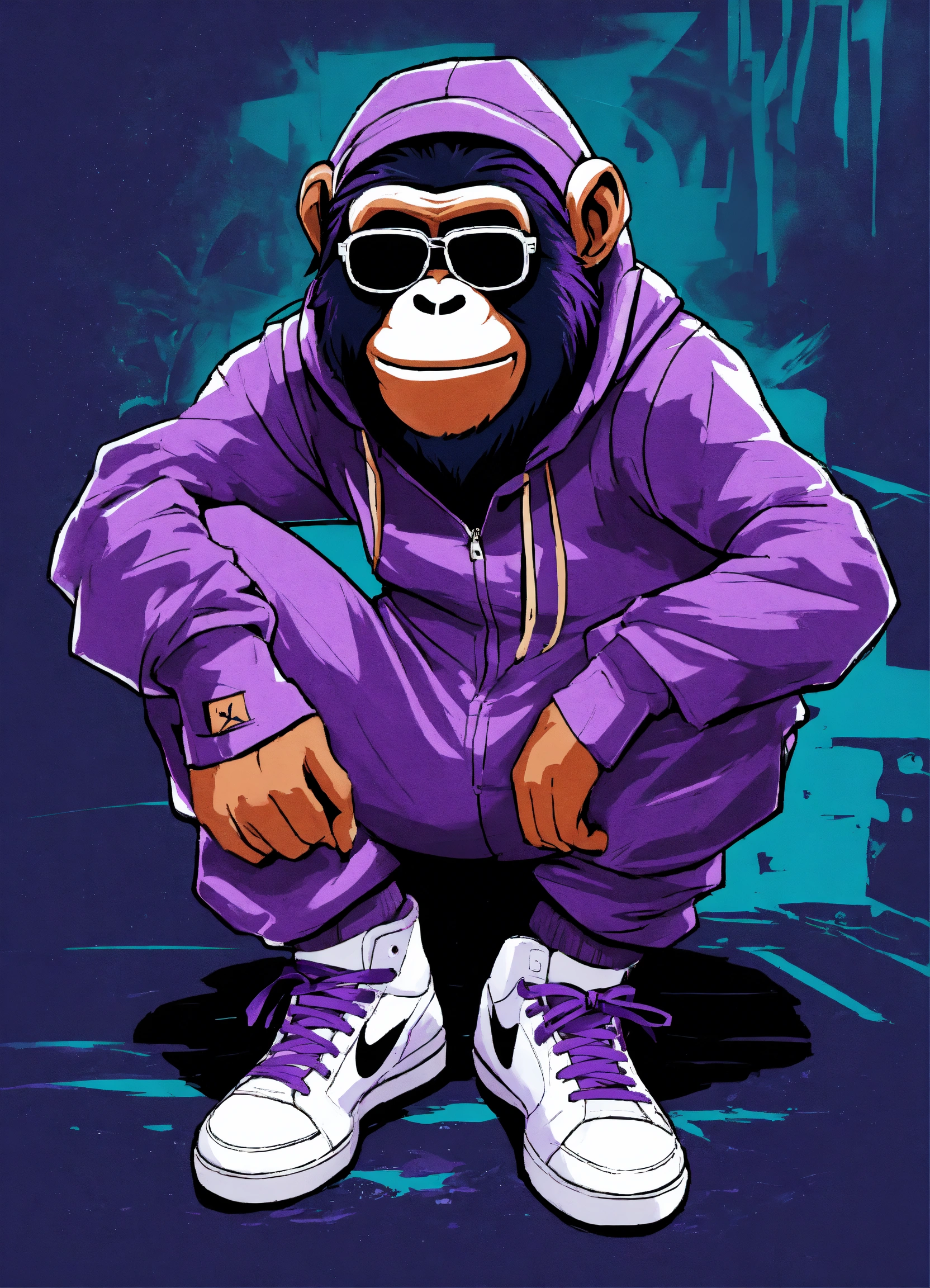 Lexica - An ape wearing a purple hoodie and aviator glasses and jordans, graffiti art by hanna ...